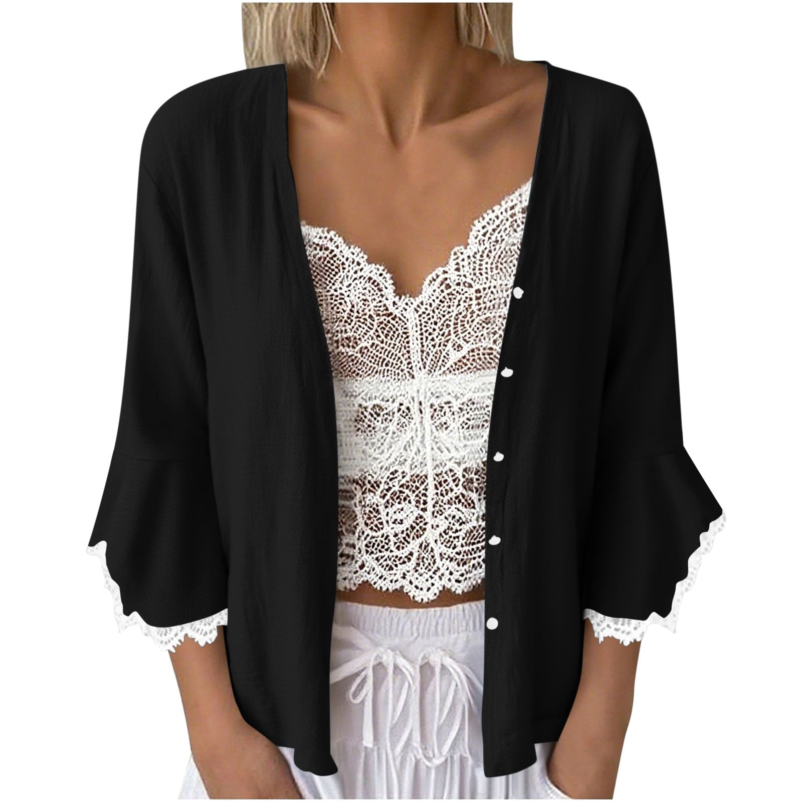 dazeni Women's Flare 3/4 Sleeve Cardigan Lace Trim Open Front Cardigans ...