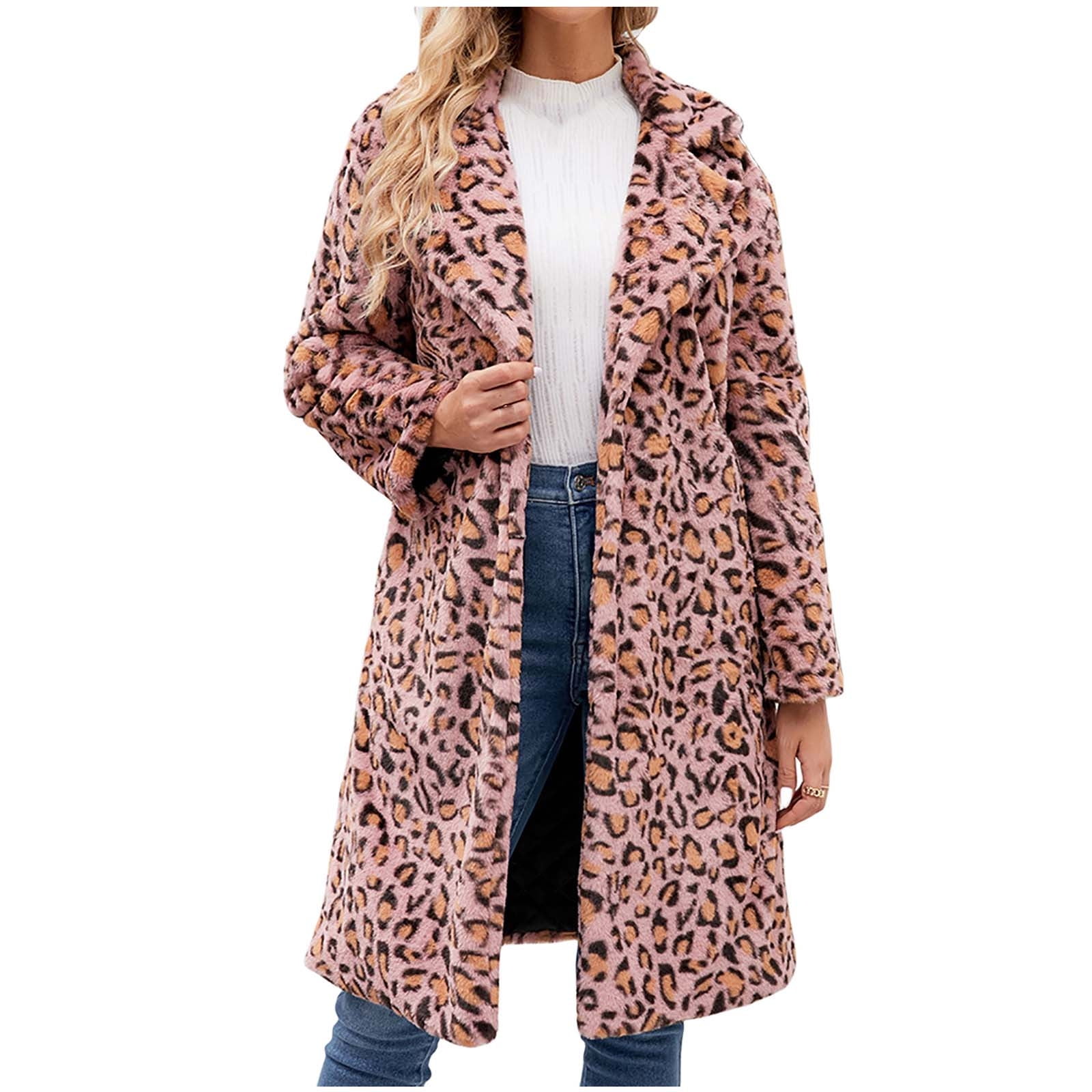 dazeni Women's Fluzzy Fleece Long Coat Leopard Print Sherpa Jacket Coat ...