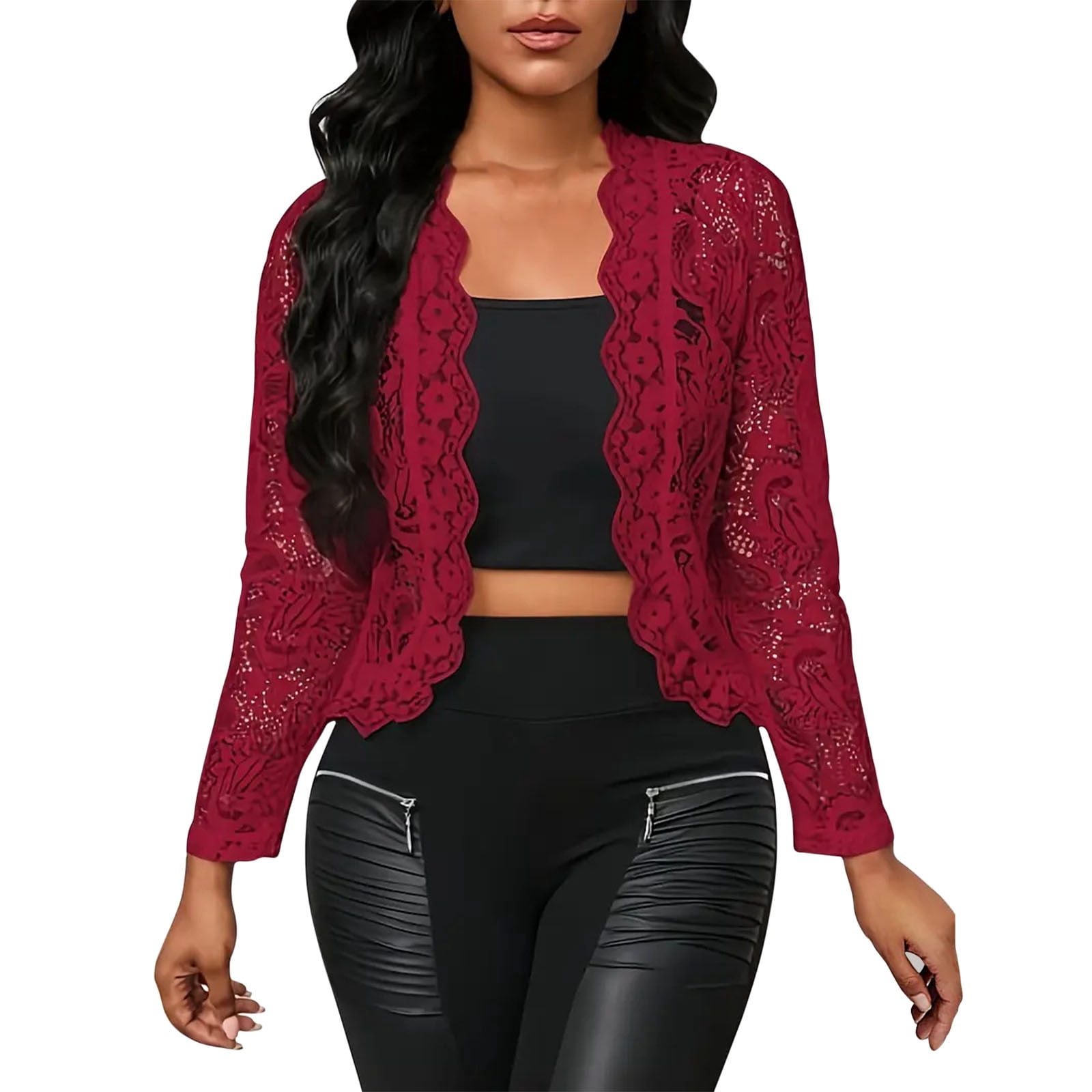dazeni Women's Long Sleeve Bolero Shrugs Sheer Floral Lace Scallop ...
