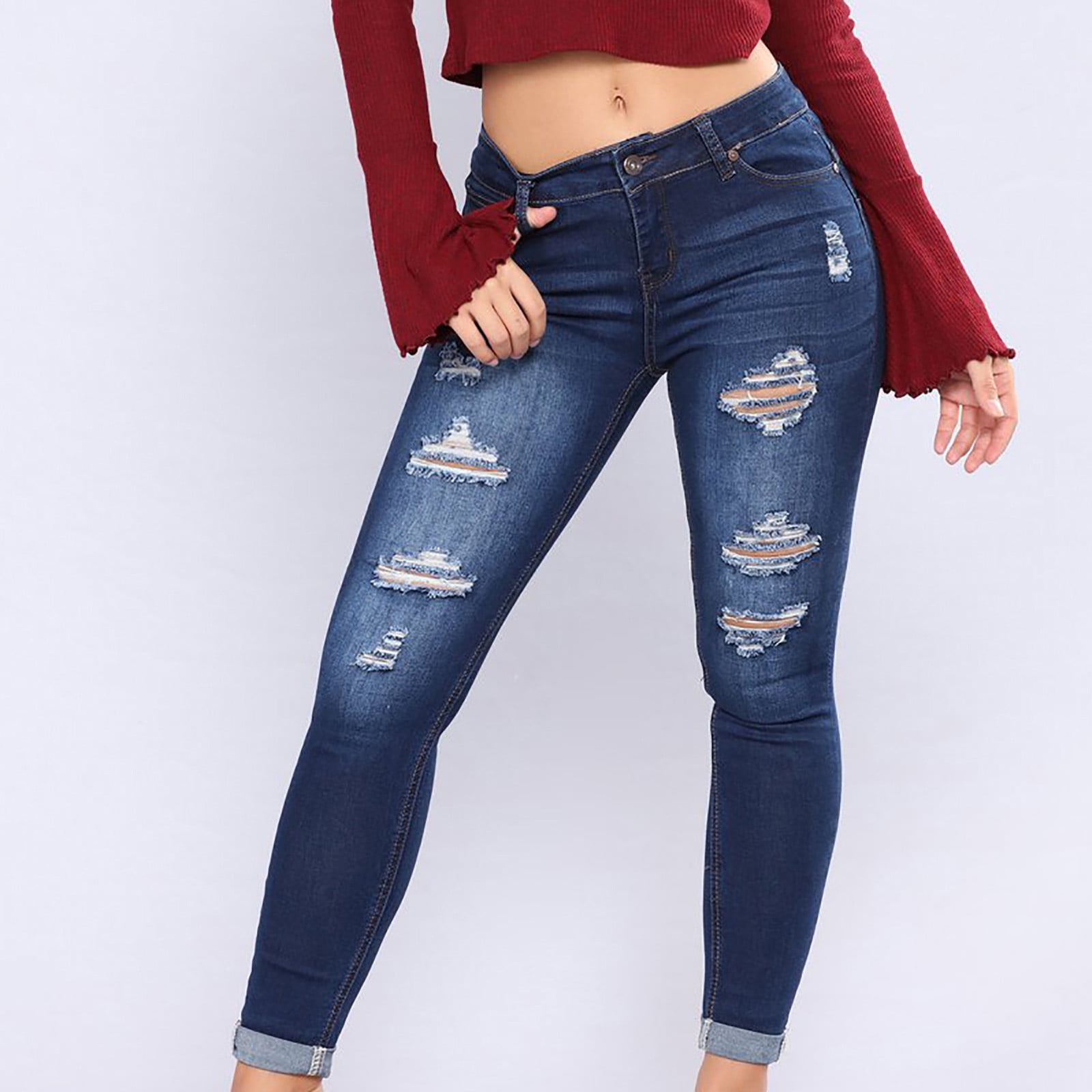 dazeni Women's Ripped Jeans Stretch Skinny Jean Straight Leg Jeggings ...
