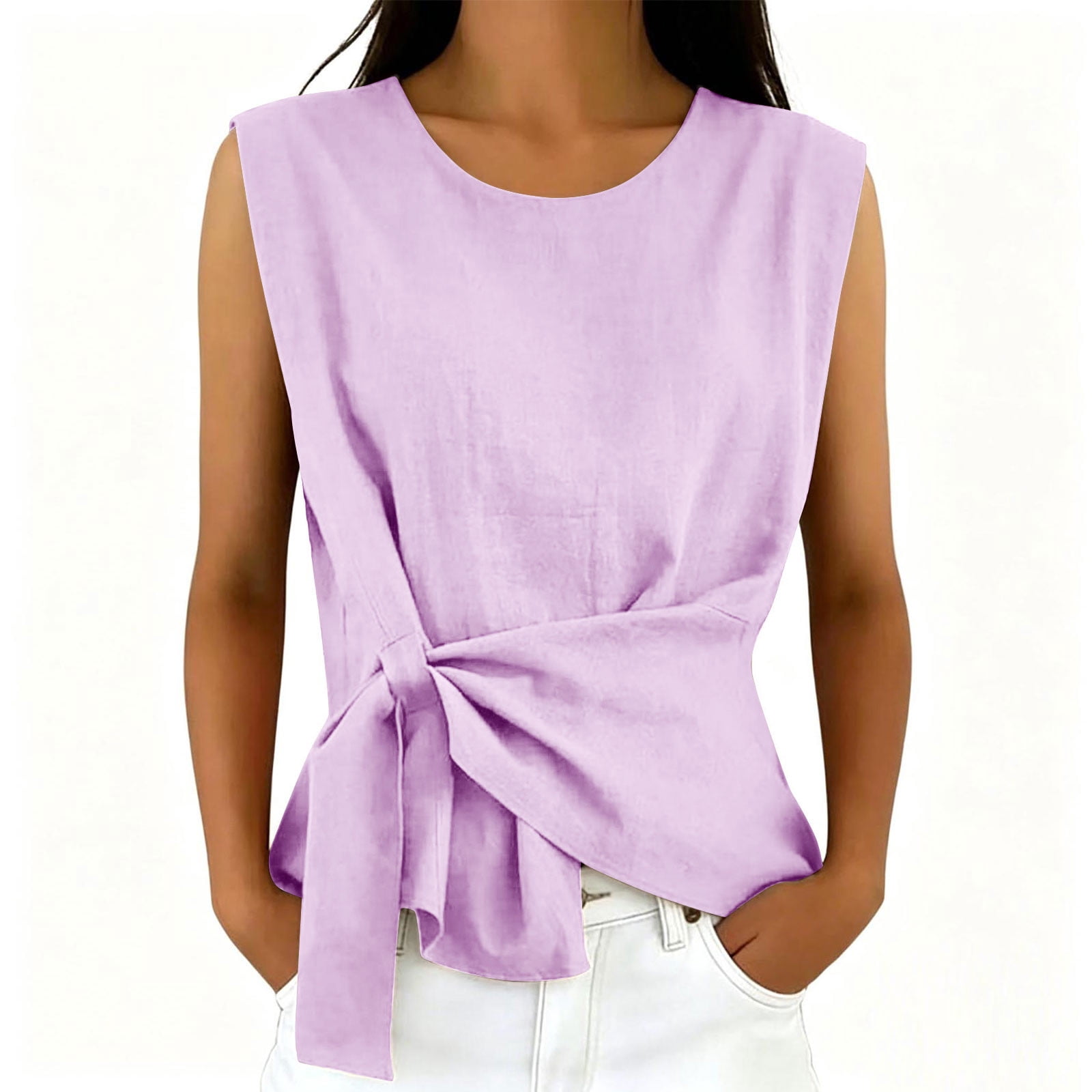 dazeni Women's Sleeveless Work Shirts Summer Tie Twist Crewneck Tank ...