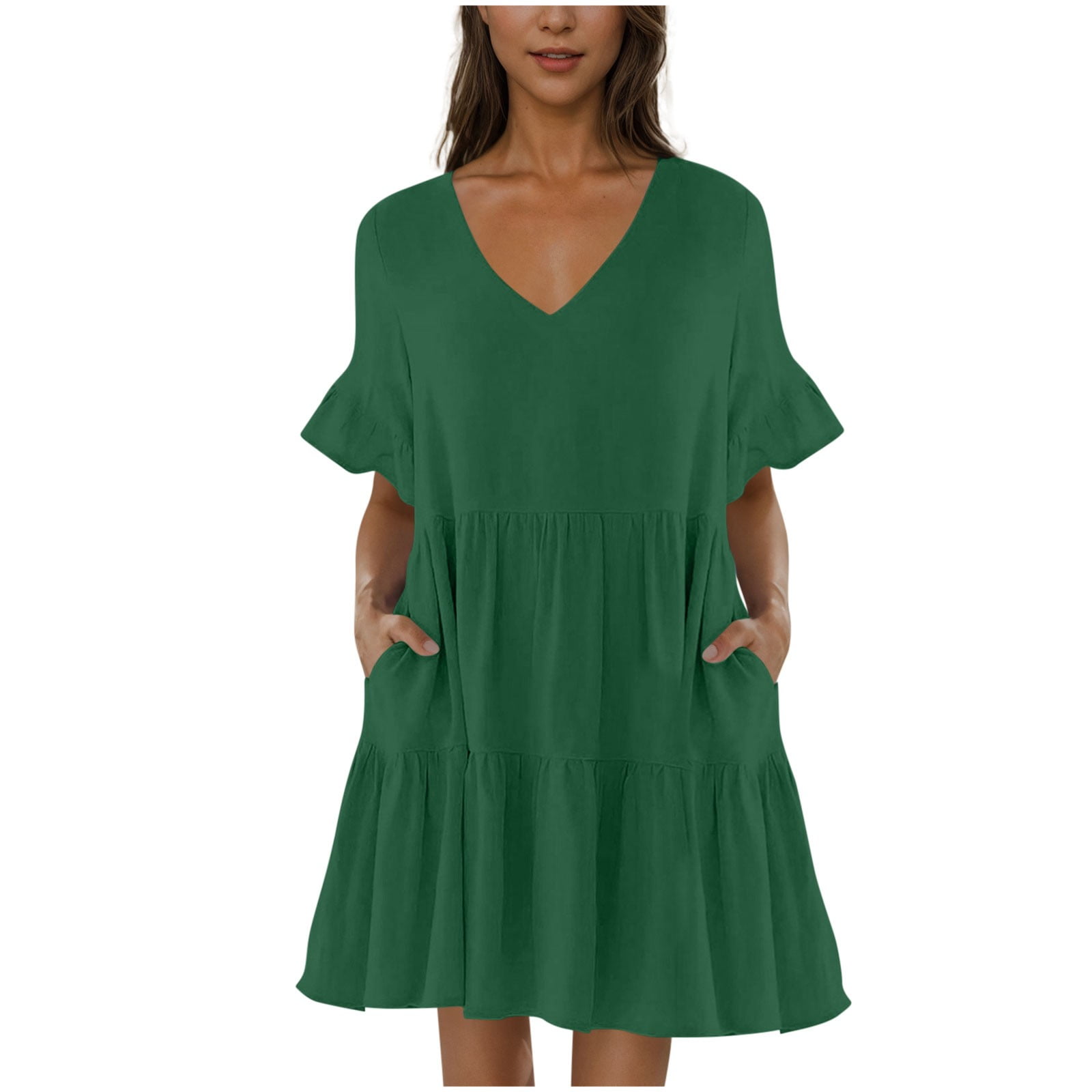 dazeni Women's Summer Dress Solid Casual Short Sleeve V Neck Swing ...
