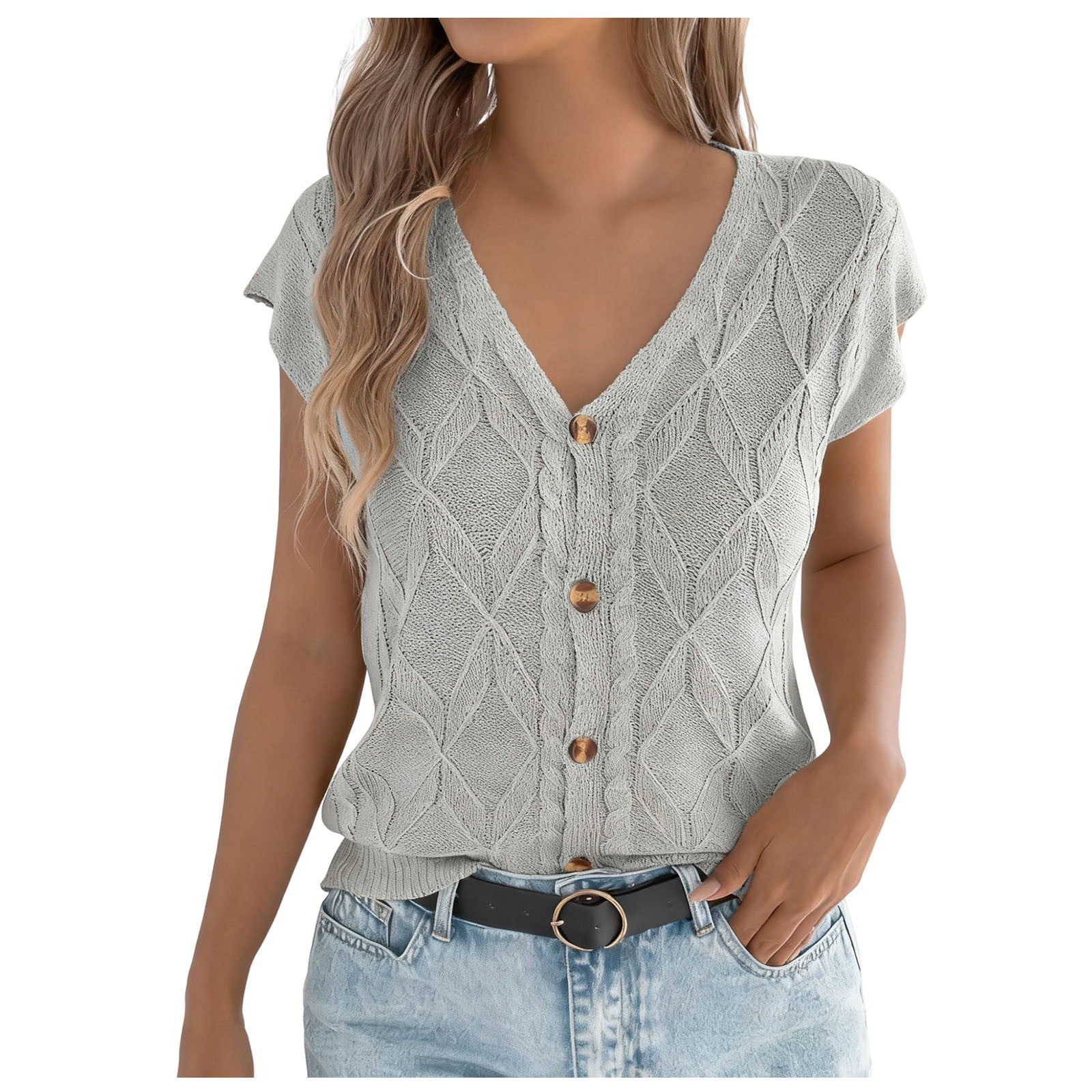 dazeni Womens Cable Short Sleeve Sweater Spring Summer V Neck Button ...