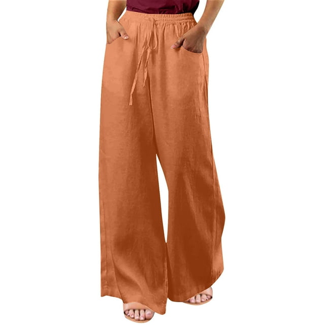 Dazeni Womens Cotton Linen Casual Pants Wide Leg Drawstring Elastic