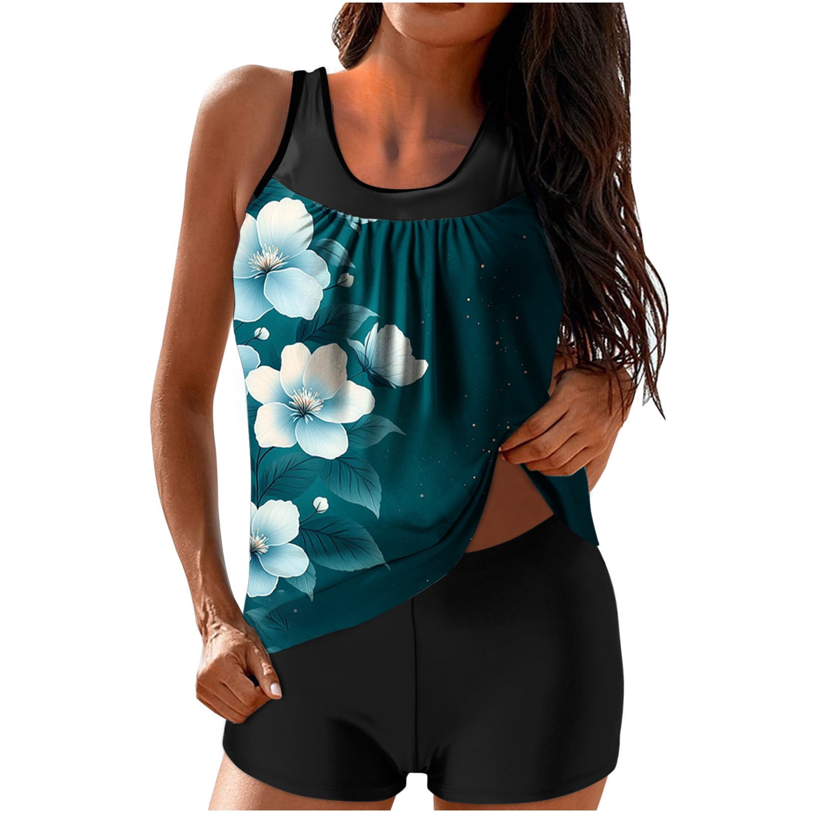 dazeni Womens Floral Peint Blouse Swimsuits with Shorts 2 Piece Pleated ...