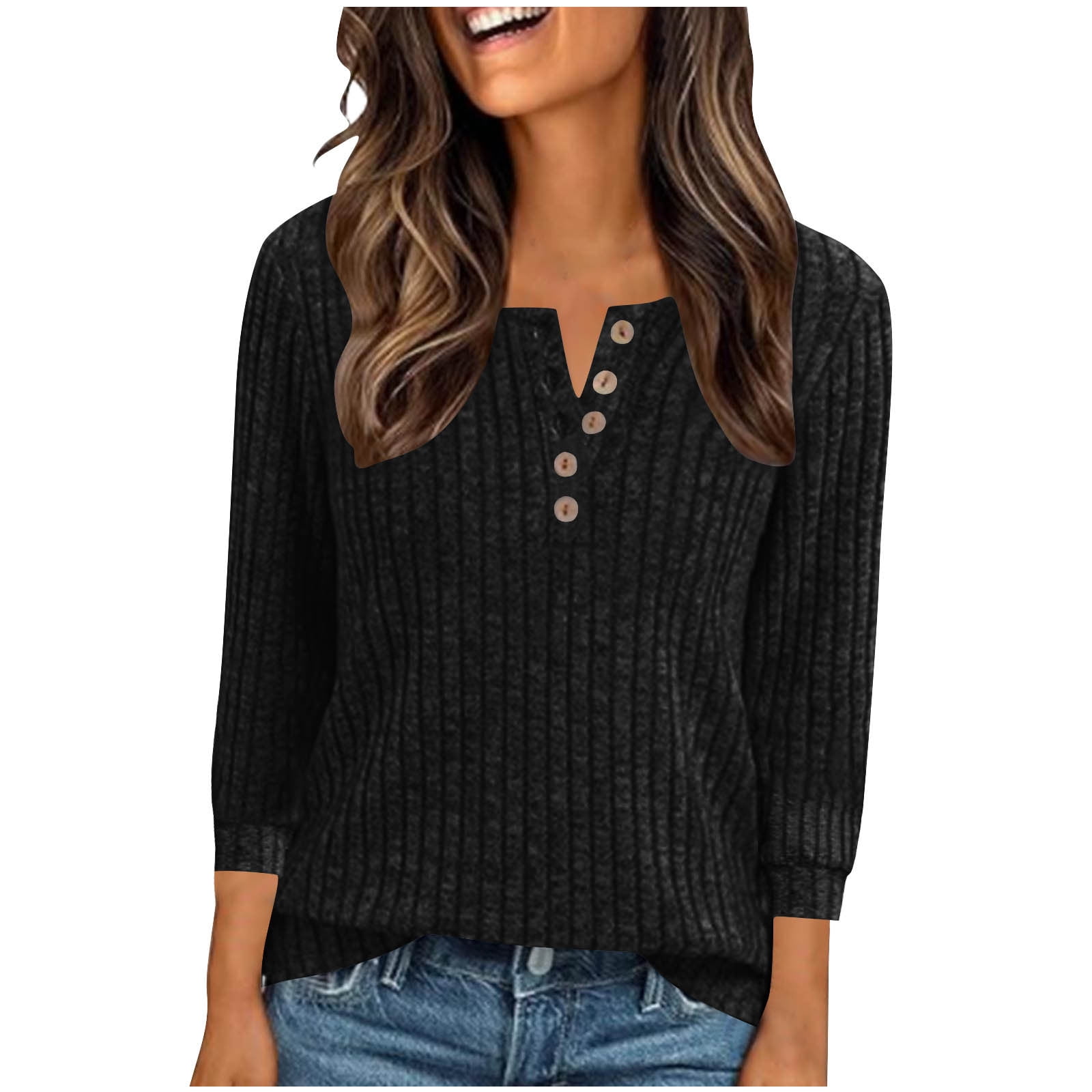 dazeni Womens Ribbed Knit 3/4 Sleeve Shirts Business Casual Outfits ...
