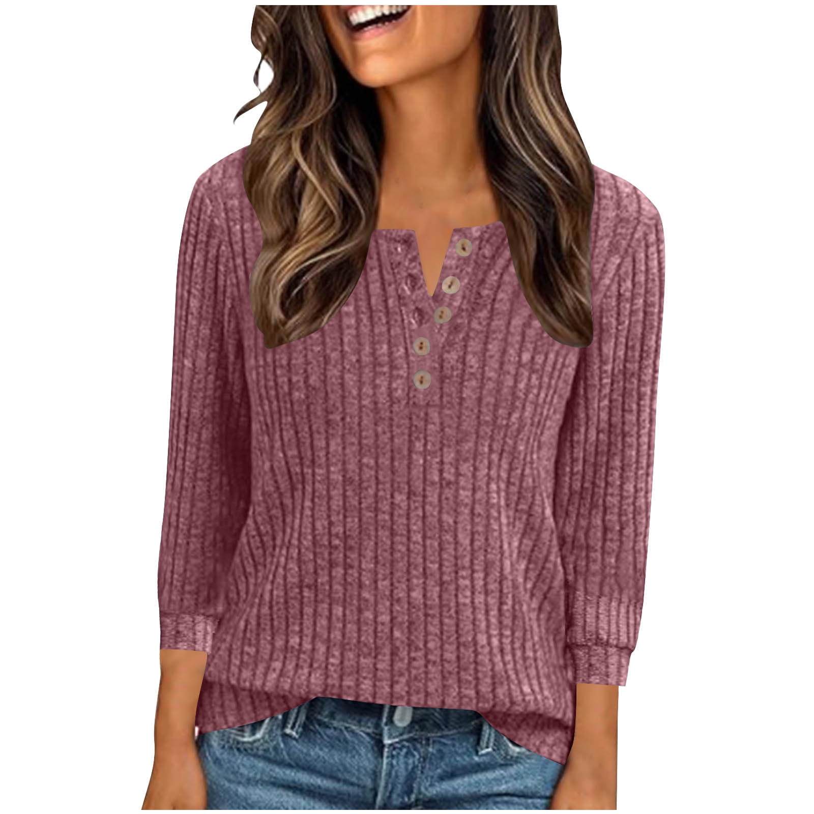dazeni Womens Ribbed Knit 3/4 Sleeve Shirts Business Casual Outfits ...