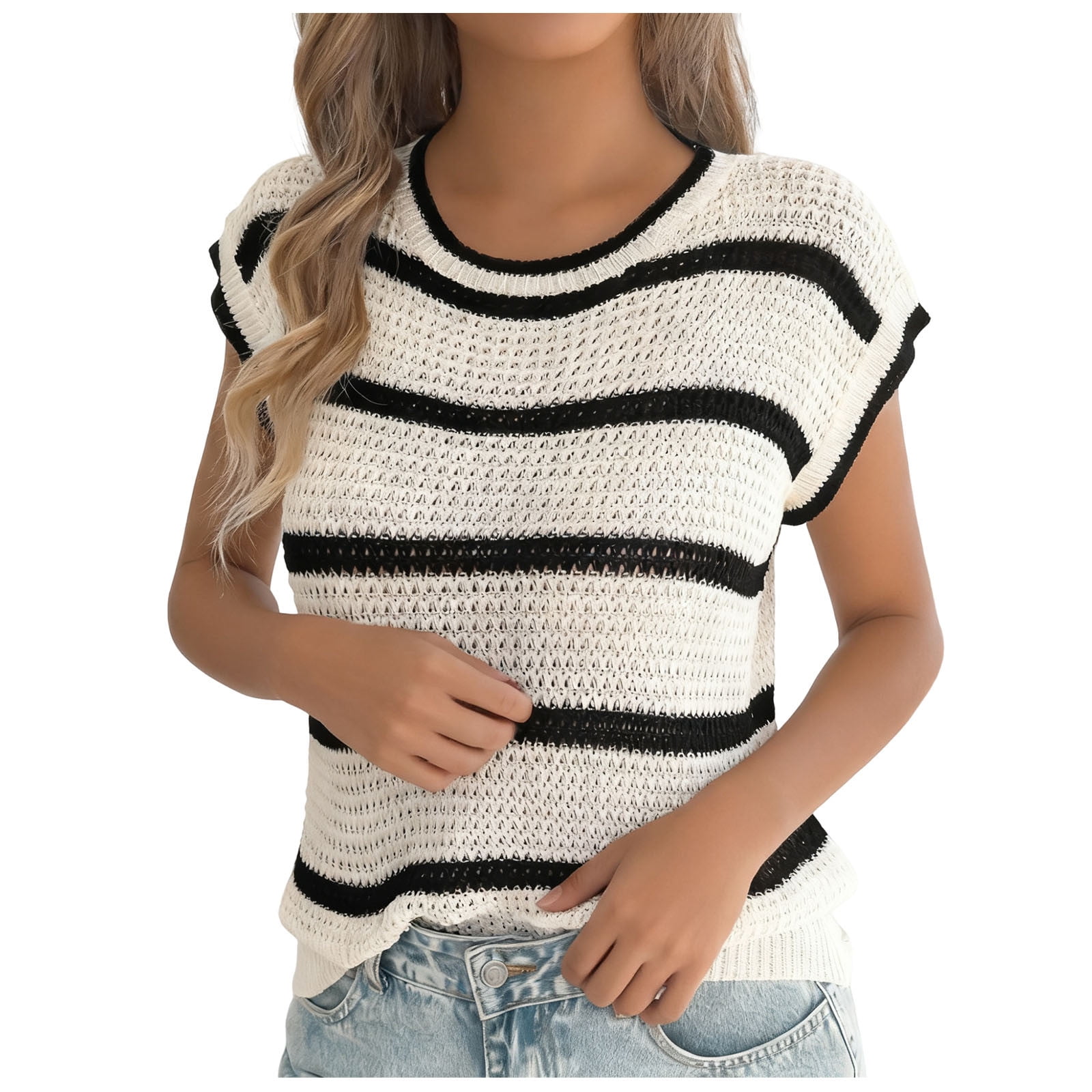 dazeni Womens Striped Sweaters Crew Neck Short Sleeve Shirts Summer ...