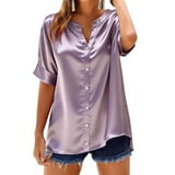 dazeni Womens Summer Silk Satin Button Down Shirts Roll Short Sleeve ...