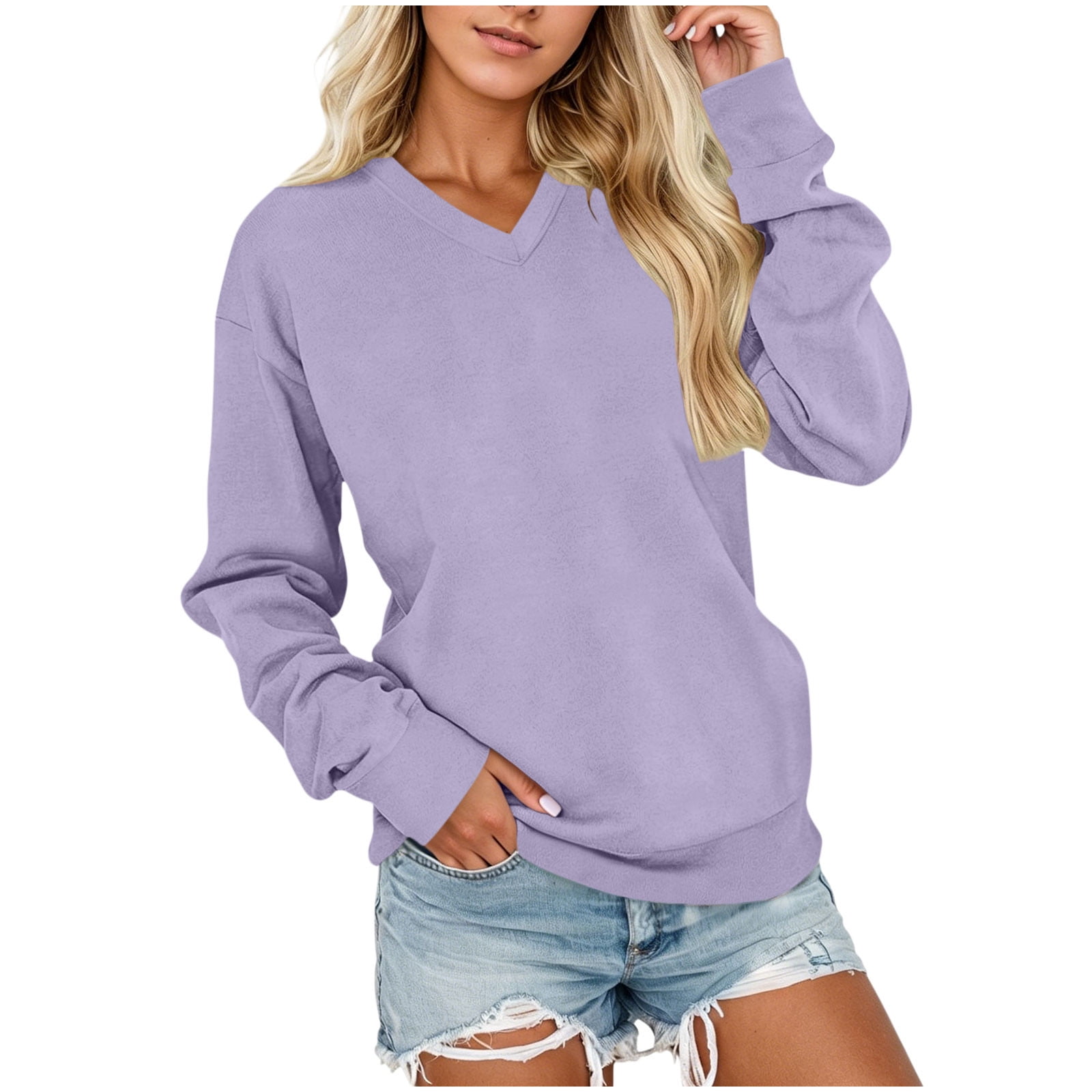 dazeni Womens V Neck Sweatshirts Loose Casual Basic Long Sleeve Tops ...