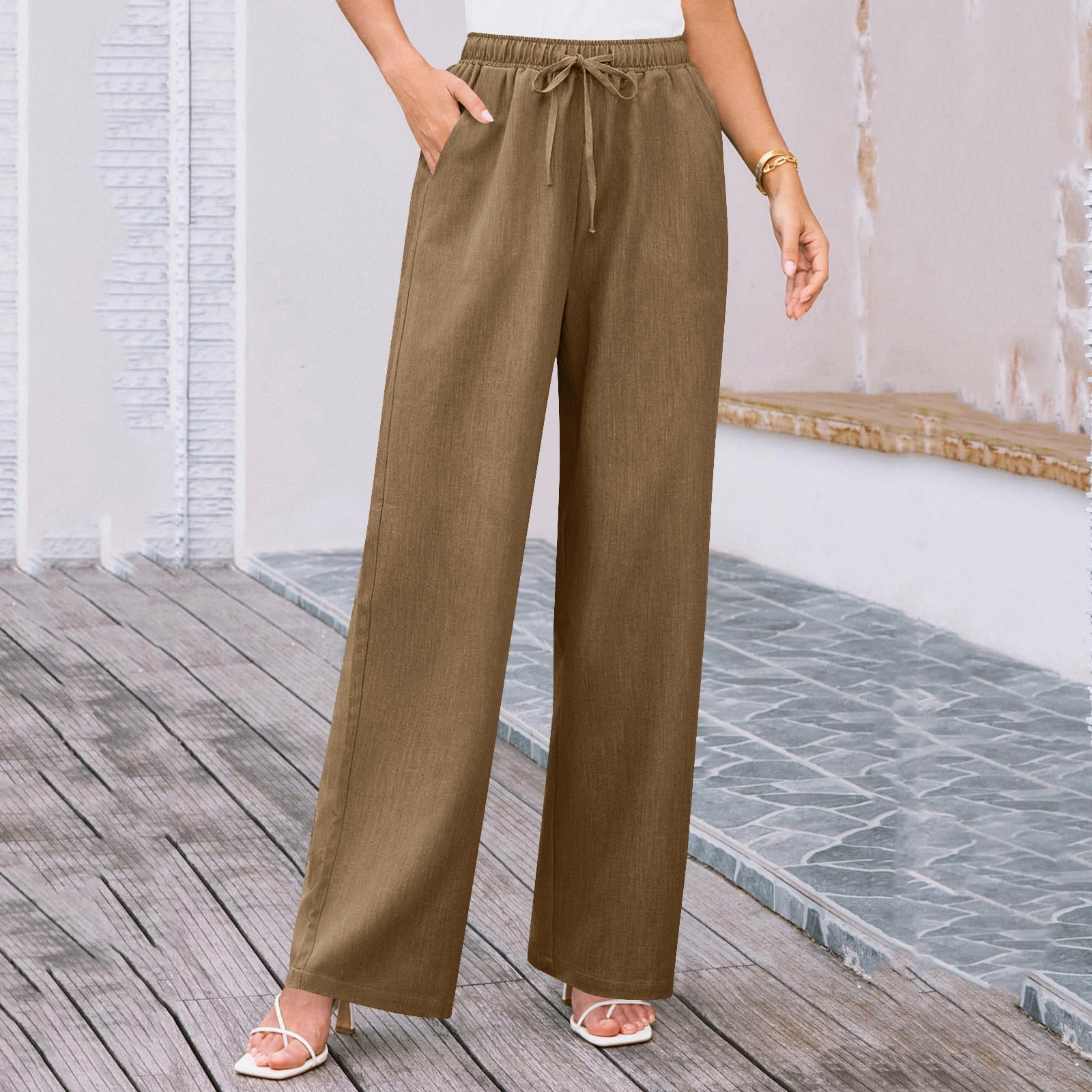 daznei Women's Linen Palazzo Pants High Waisted Slacks Lounge Baggy ...