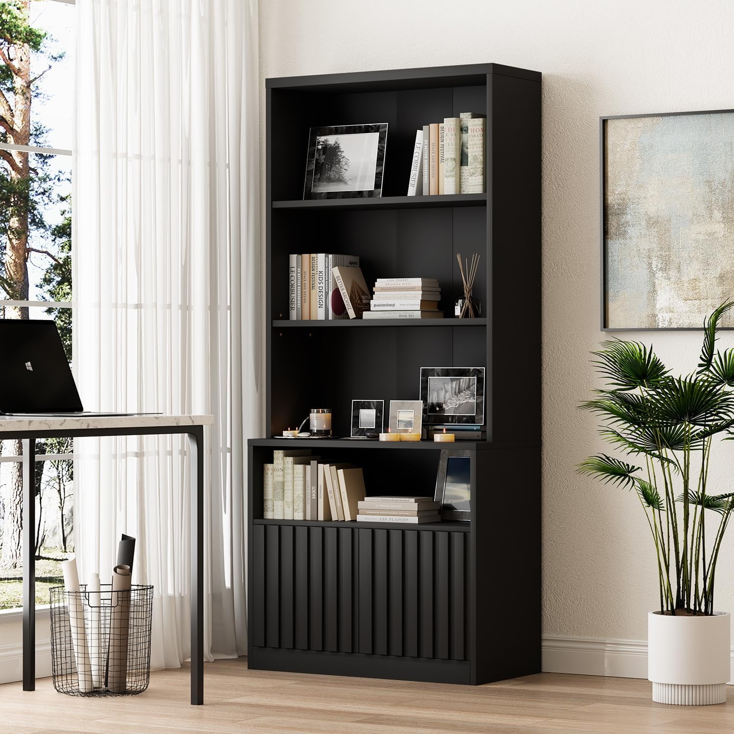 dbuibni 70.9" Tall Bookshelves and Bookcase with Fluted Doors and ...