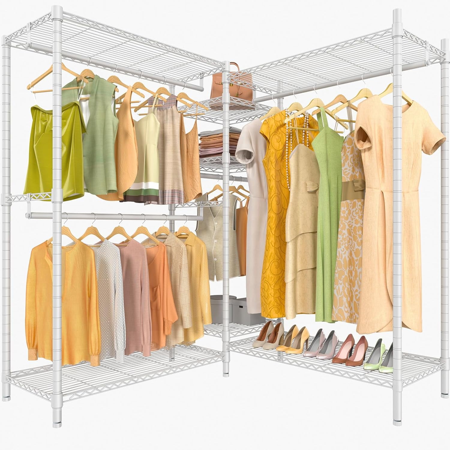 dbuibni L6 Plus Garment Racks Heavy Duty Clothes Rack Corner Closet Rack L Shaped Clothing Racks ...