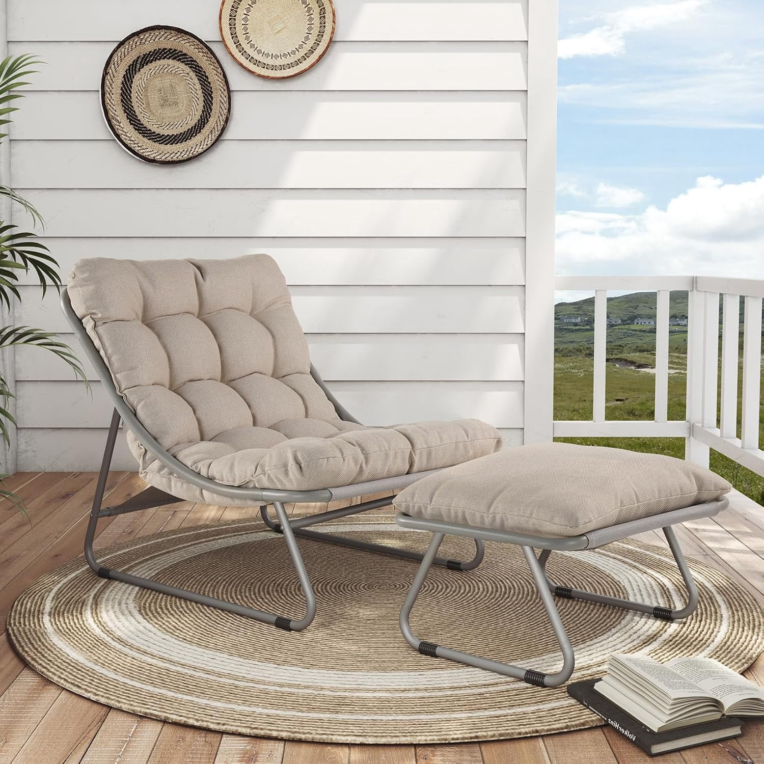 dbuibni Outdoor Lounge Chair with Ottoman Comfy Sling Recliner Chair ...