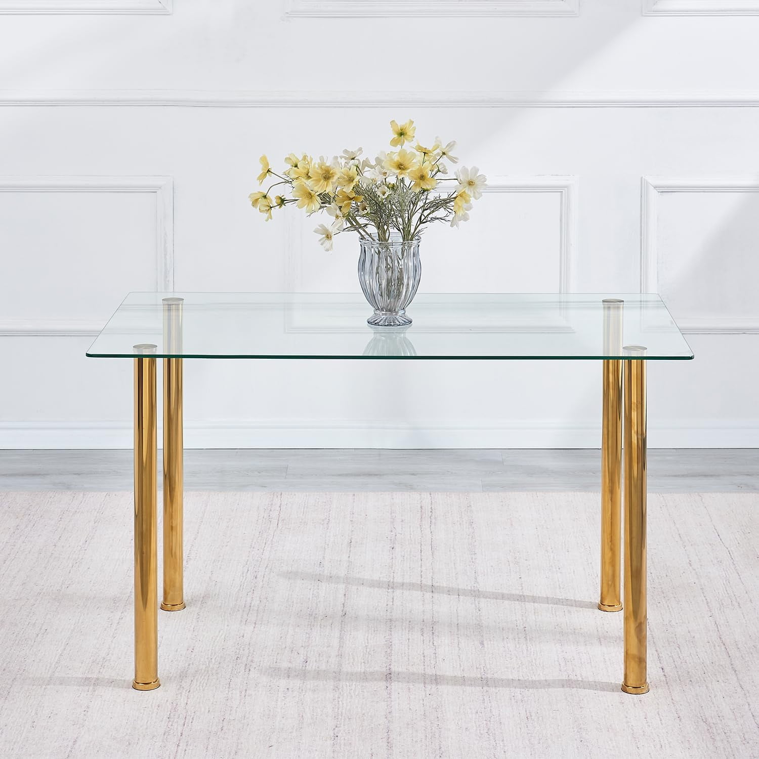 dbuibni Rectangle Glass Dining with Clear Top and Golden Legs Glass ...