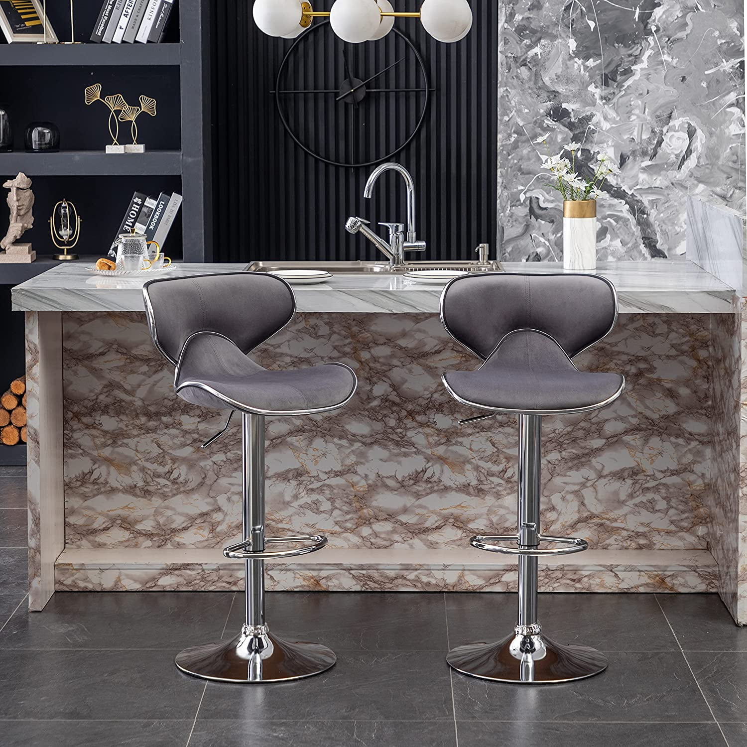 dbuibni Vina Velvet Upholstered Adjustable Swivel Barstool Gray ...