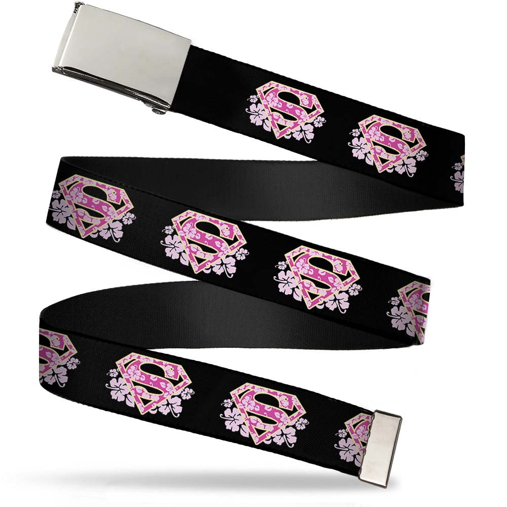 DC Comics Belt, Flip Web Belt Super Shield Hibiscus Design Black Pink ...