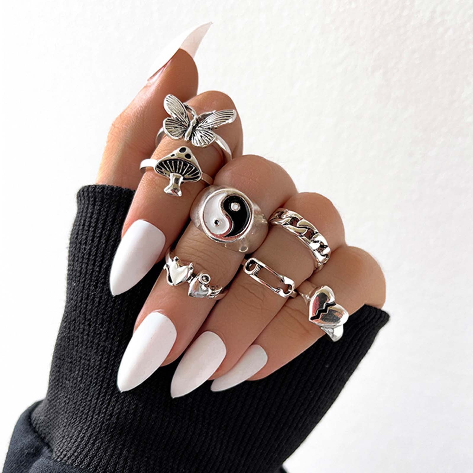 ddioayh 7-Piece Heart Butterfly Mushroom Hip Hop Rings Set for Women ...