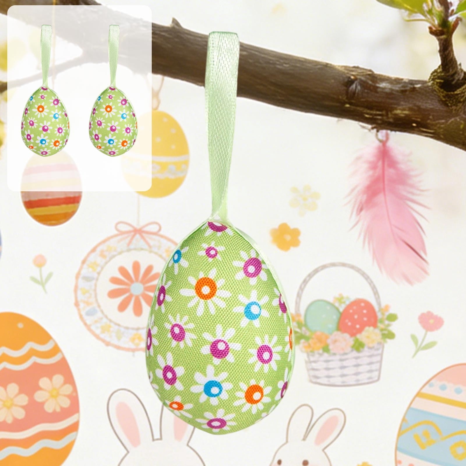ddioayh Easter Egg Ornaments 2Pcs Floral Plaid Foam Decorations with Satin Ribbon for Hanging on ...