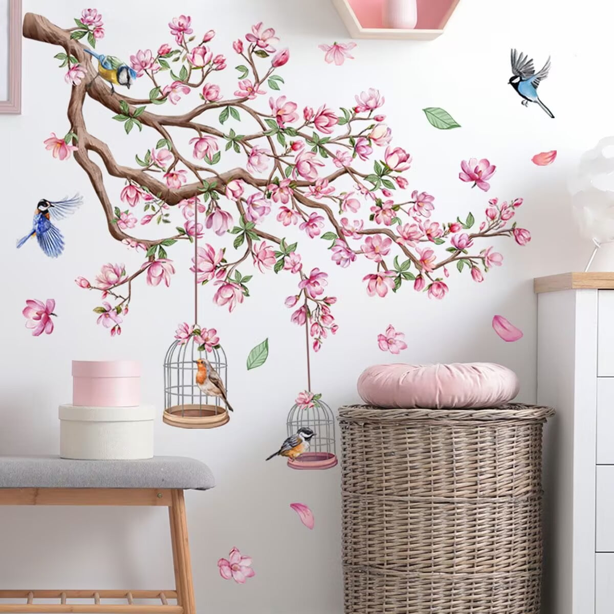 decalmile Cherry Blossom Flower Vine Wall Decals Hanging Floral Tree ...