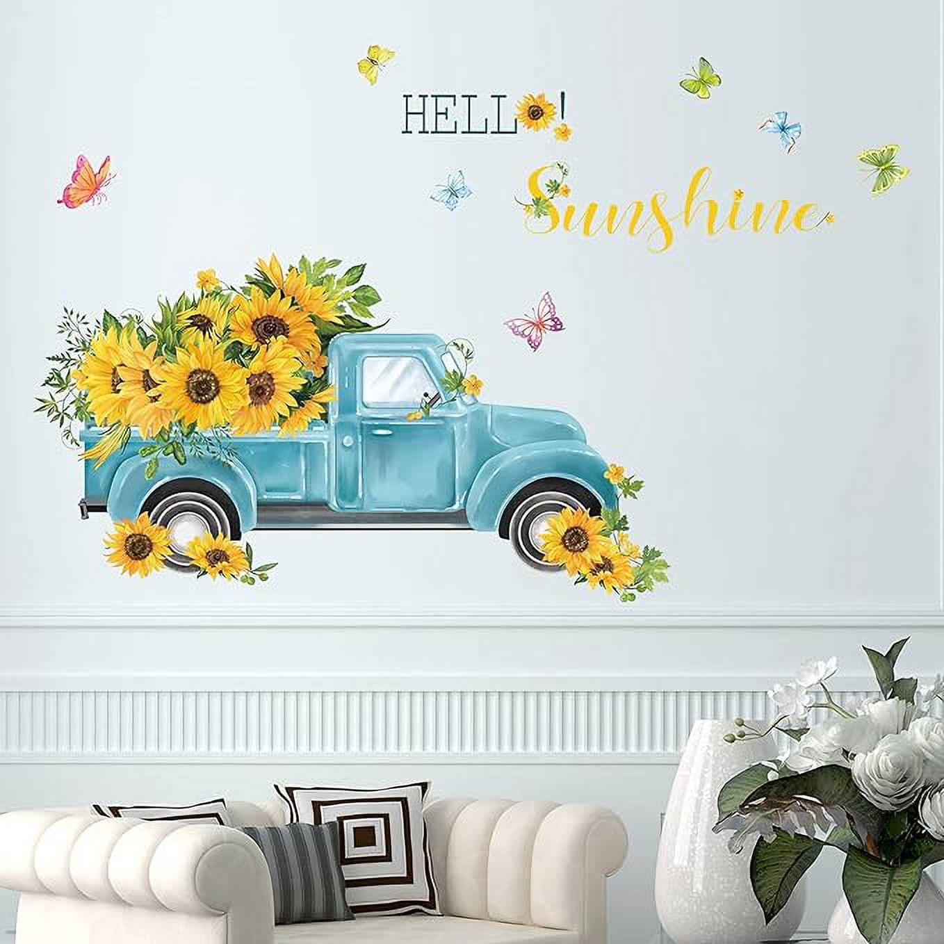 decalmile Hello! Sunshine Wall Decal Quotes Sunflower Blue Truck Wall ...