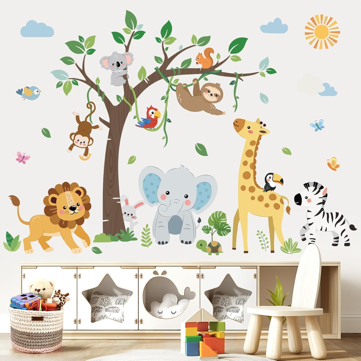 decalmile Jungle Animals Tree Wall Decals Safari Baby Animals Giraffe ...