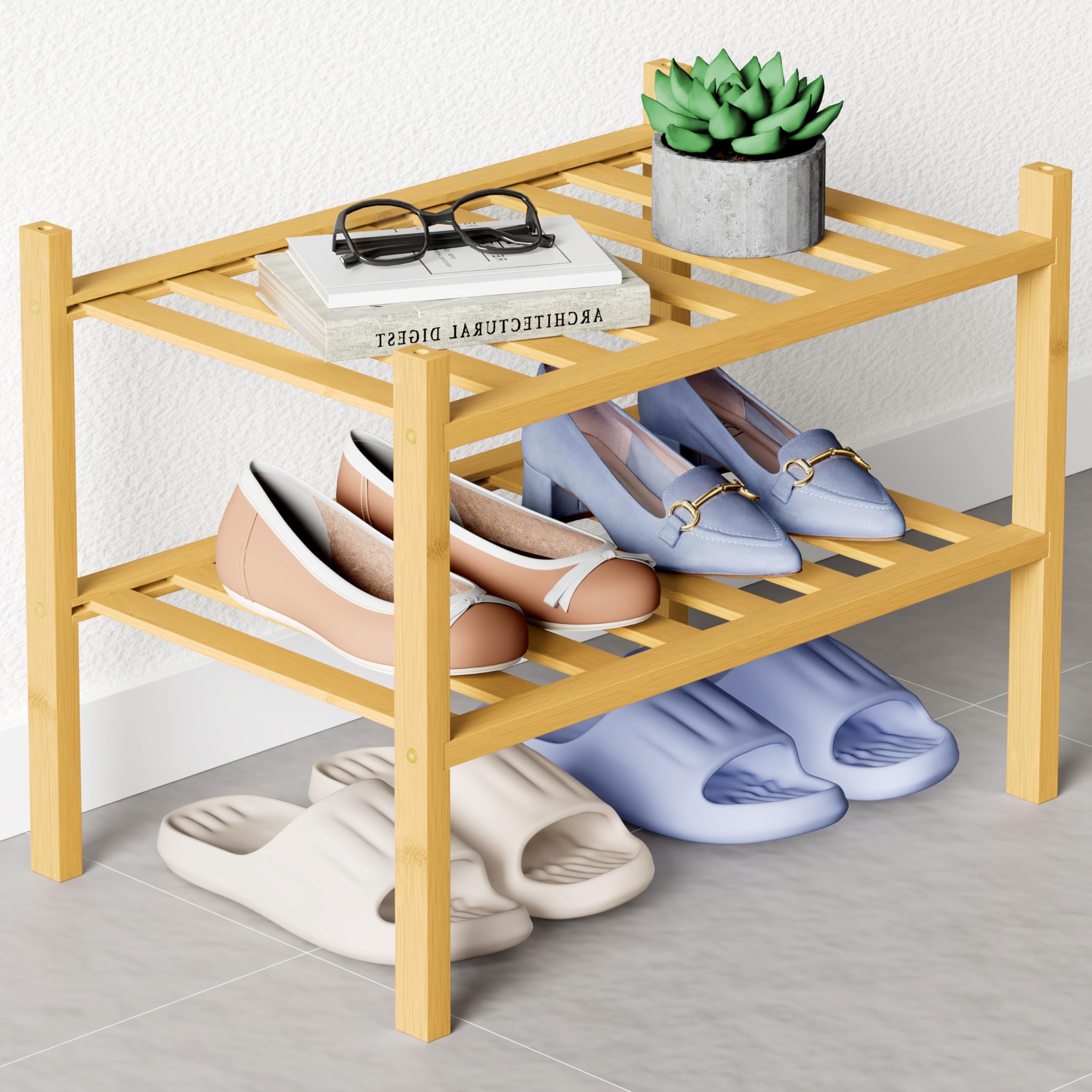 decorUhome, Bamboo Shoe Rack, Small 2-Tier, Shoe Storage Organizer ...