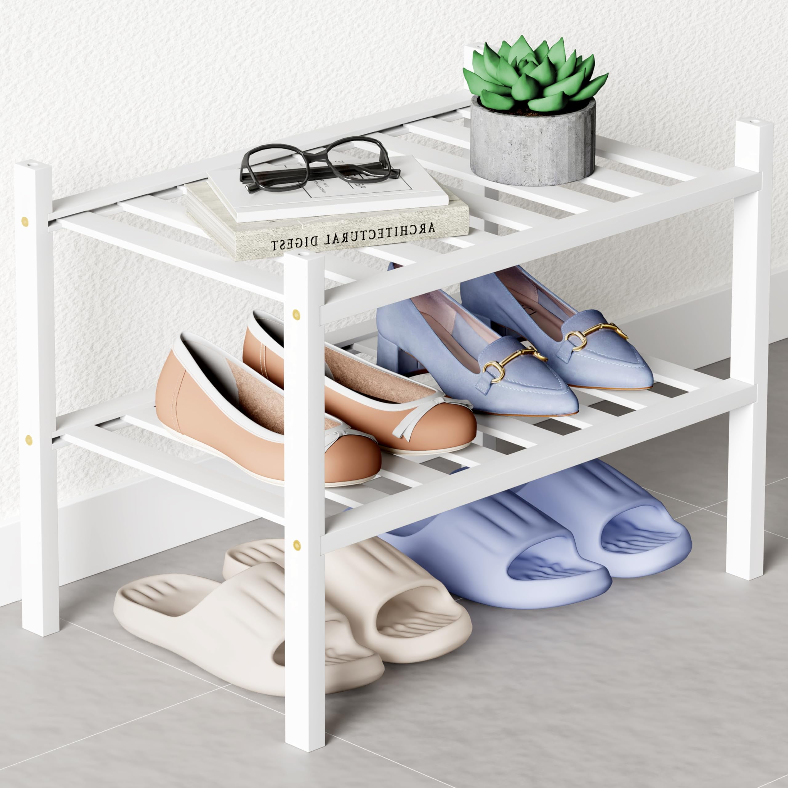 decorUhome Bamboo 2 Tier Small Shoe Rack for Closet, Shoe Storage ...