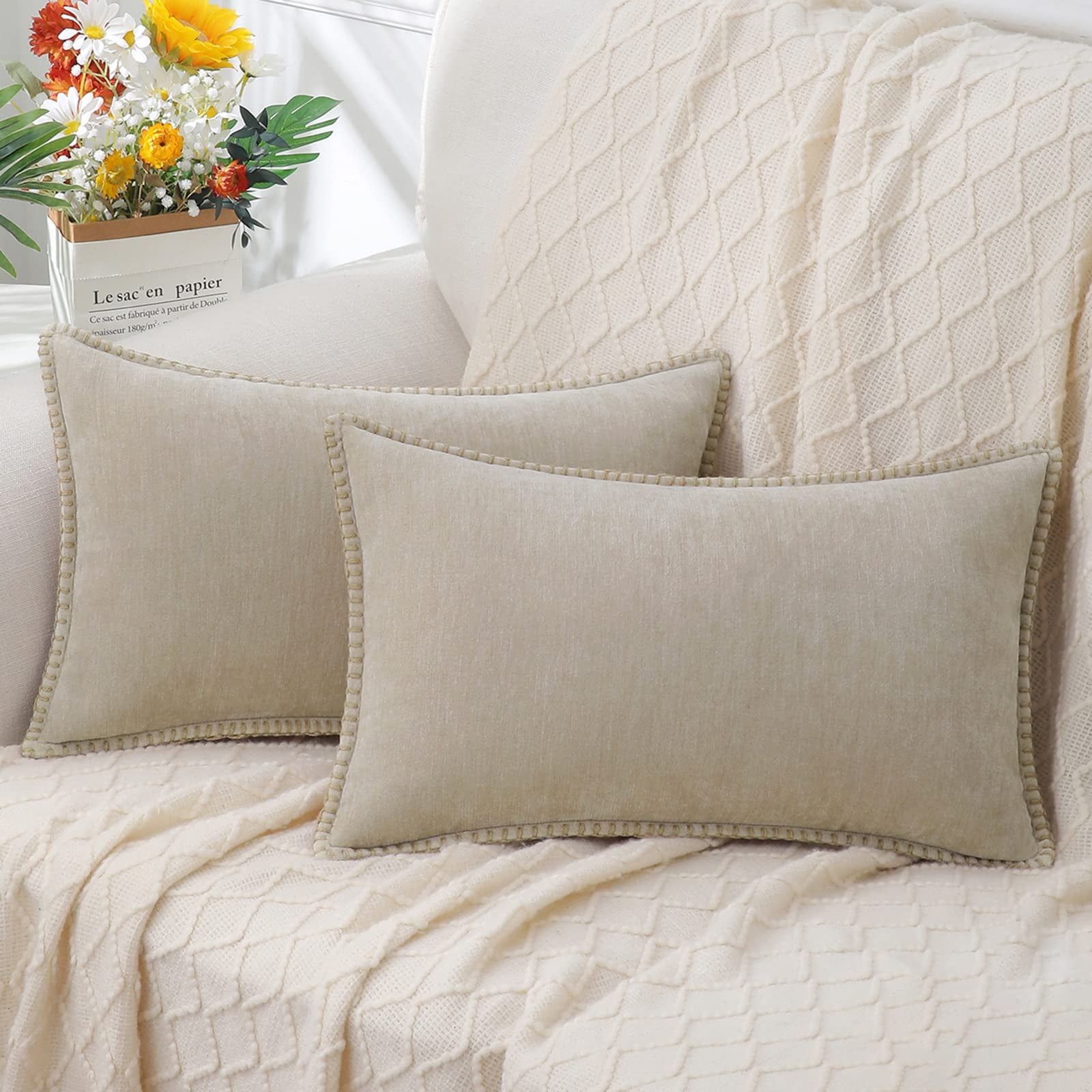 decorUhome Chenille Throw Pillow Covers 12x20 Set of 2, Soft Farmhouse ...