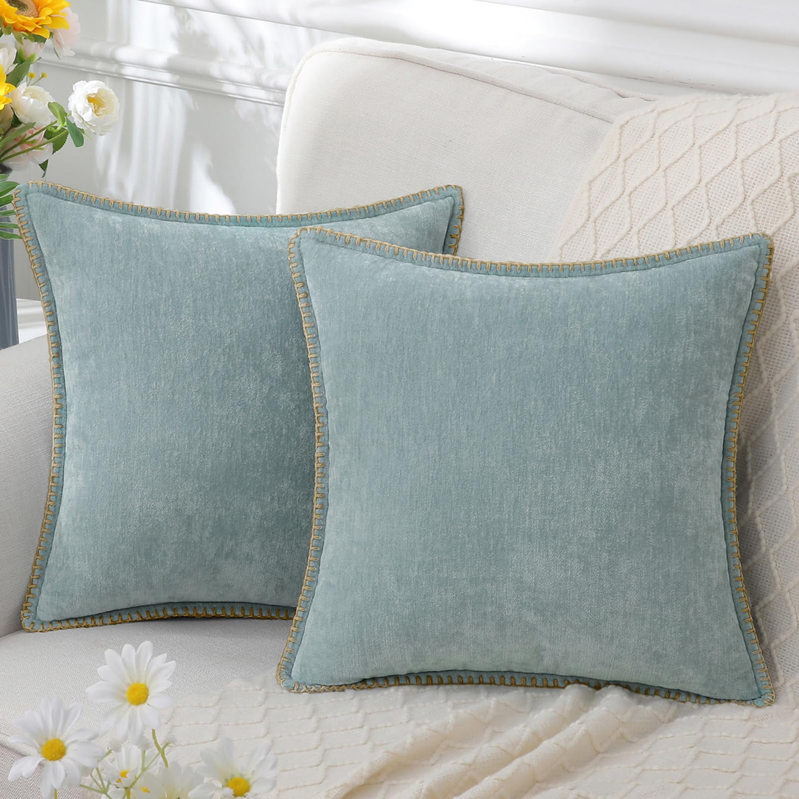 decorUhome Chenille Throw Pillow Covers 18x18 Set of 2, Soft Farmhouse ...