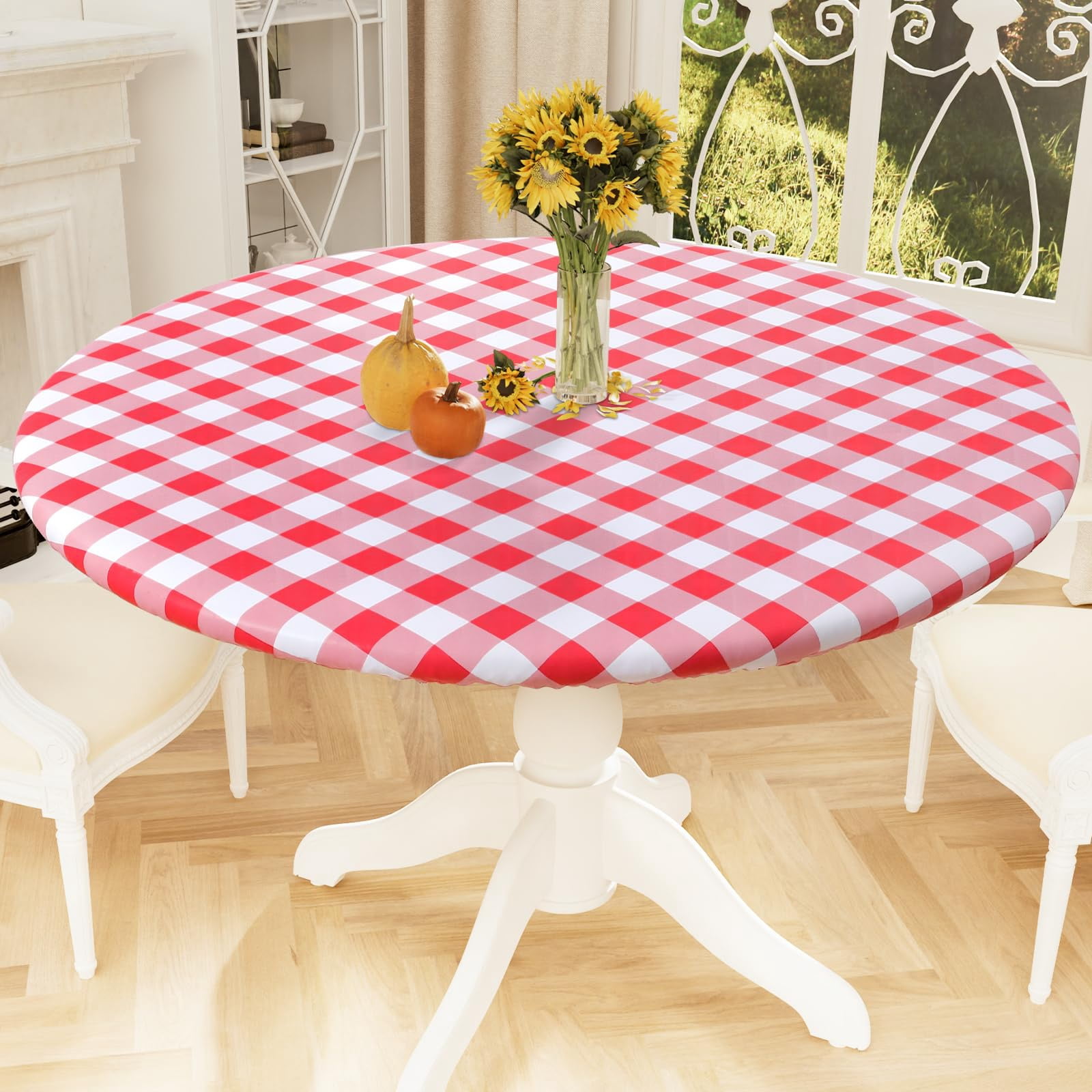 "DecorUhome Flannel Elastic Fitted Checkered Tablecloth, Waterproof ...