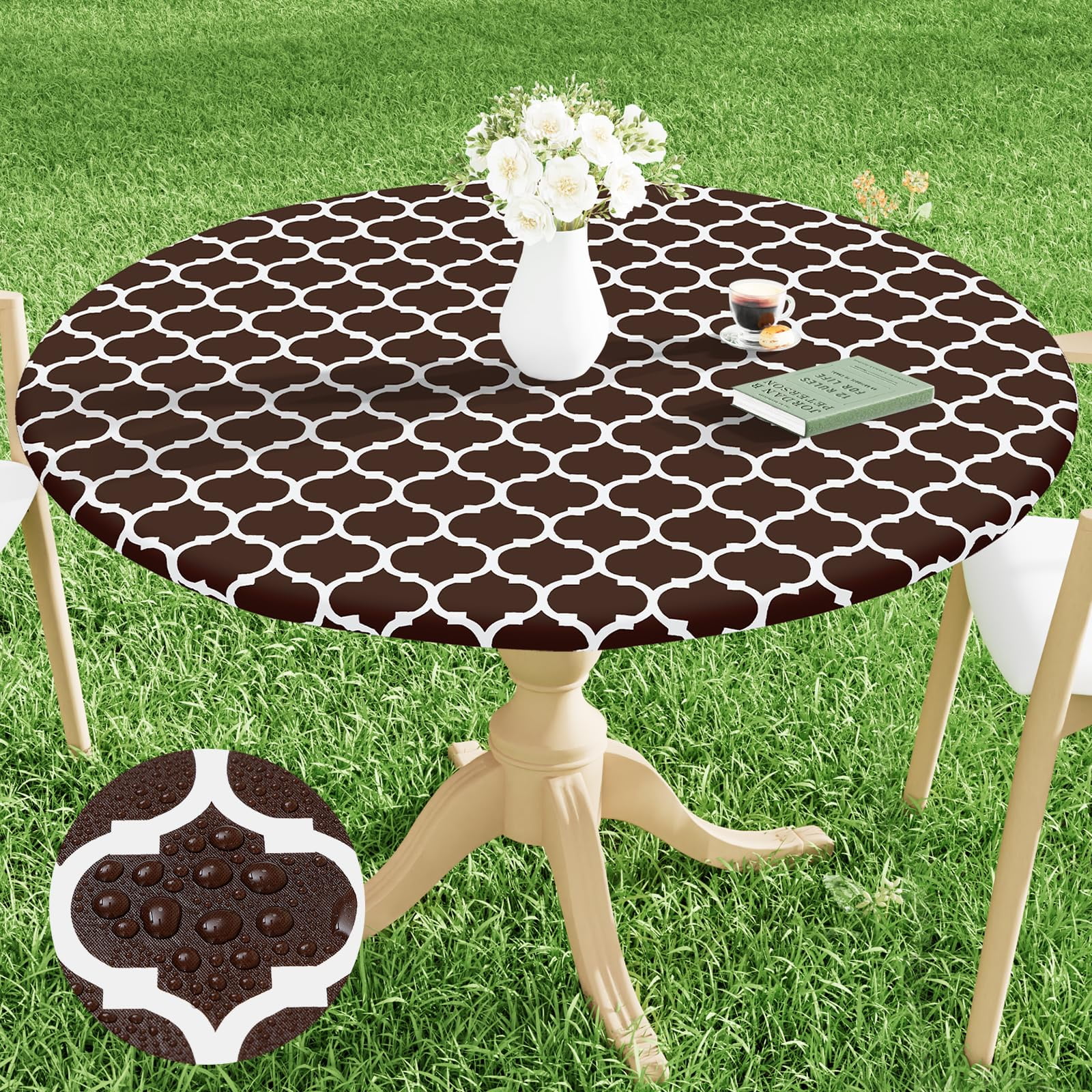 decorUhome Fitted Vinyl Tablecloth Round 43"-56" Diameter, Waterproof ...