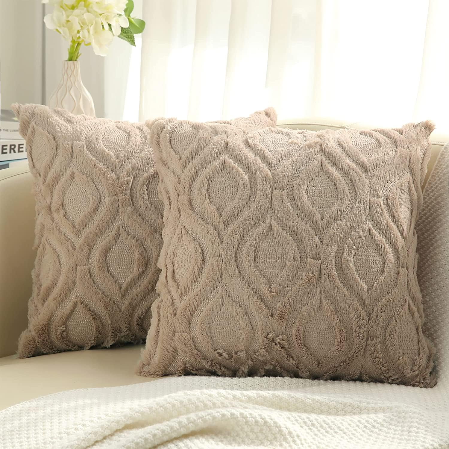decorUhome Pack of 2 Throw Pillow Covers 18x18, Soft Plush Faux Wool ...