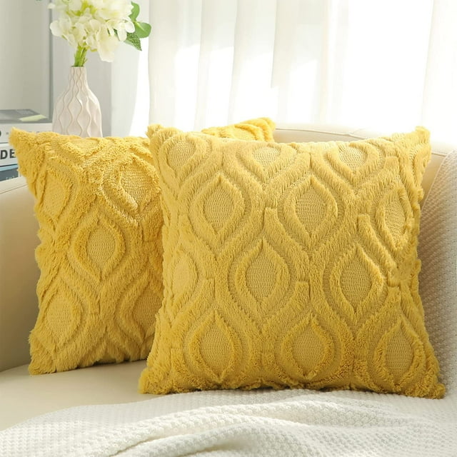 decorUhome Boho Plush Faux Fur Throw Pillow Covers 20x20, Mustard ...