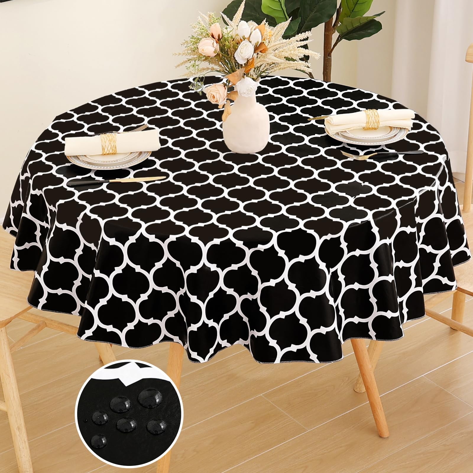 decorUhome Waterproof Vinyl Tablecloth with Flannel Backing for Round ...
