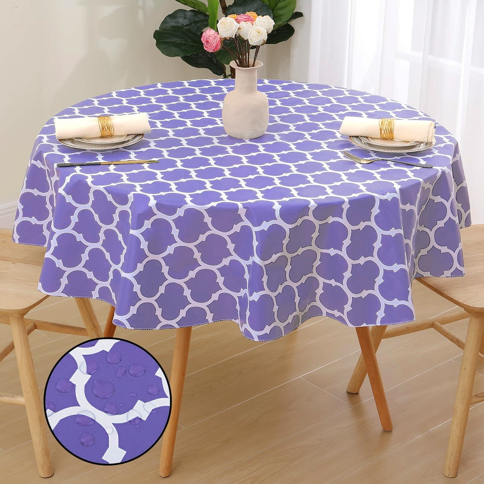decorUhome Waterproof Vinyl Tablecloth with Flannel Backing for Round ...