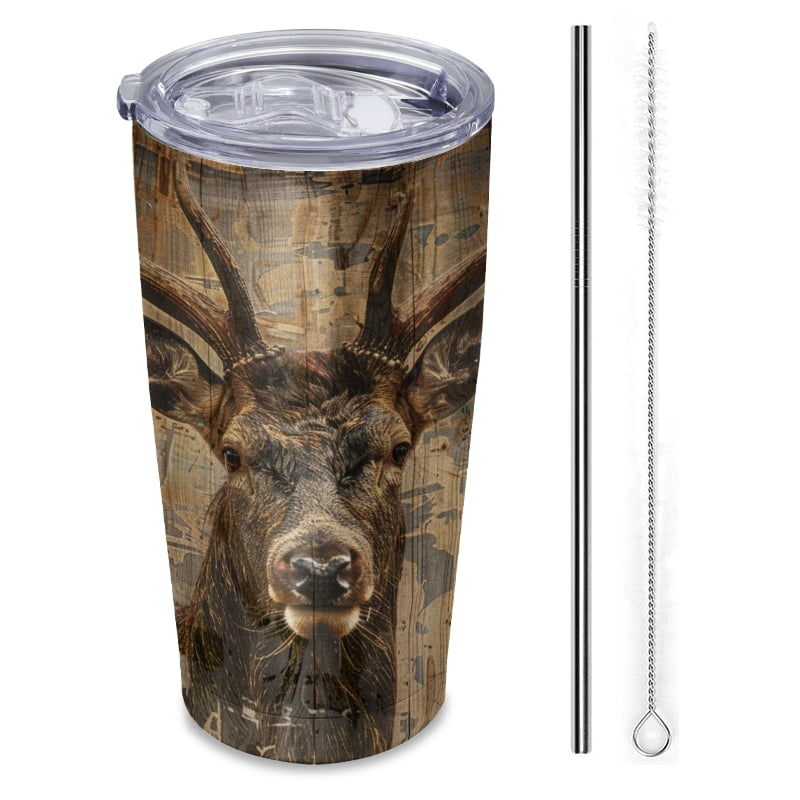 deer portrait on wooden wall Insulated Travel Tumbler, 20 oz Car Cup ...