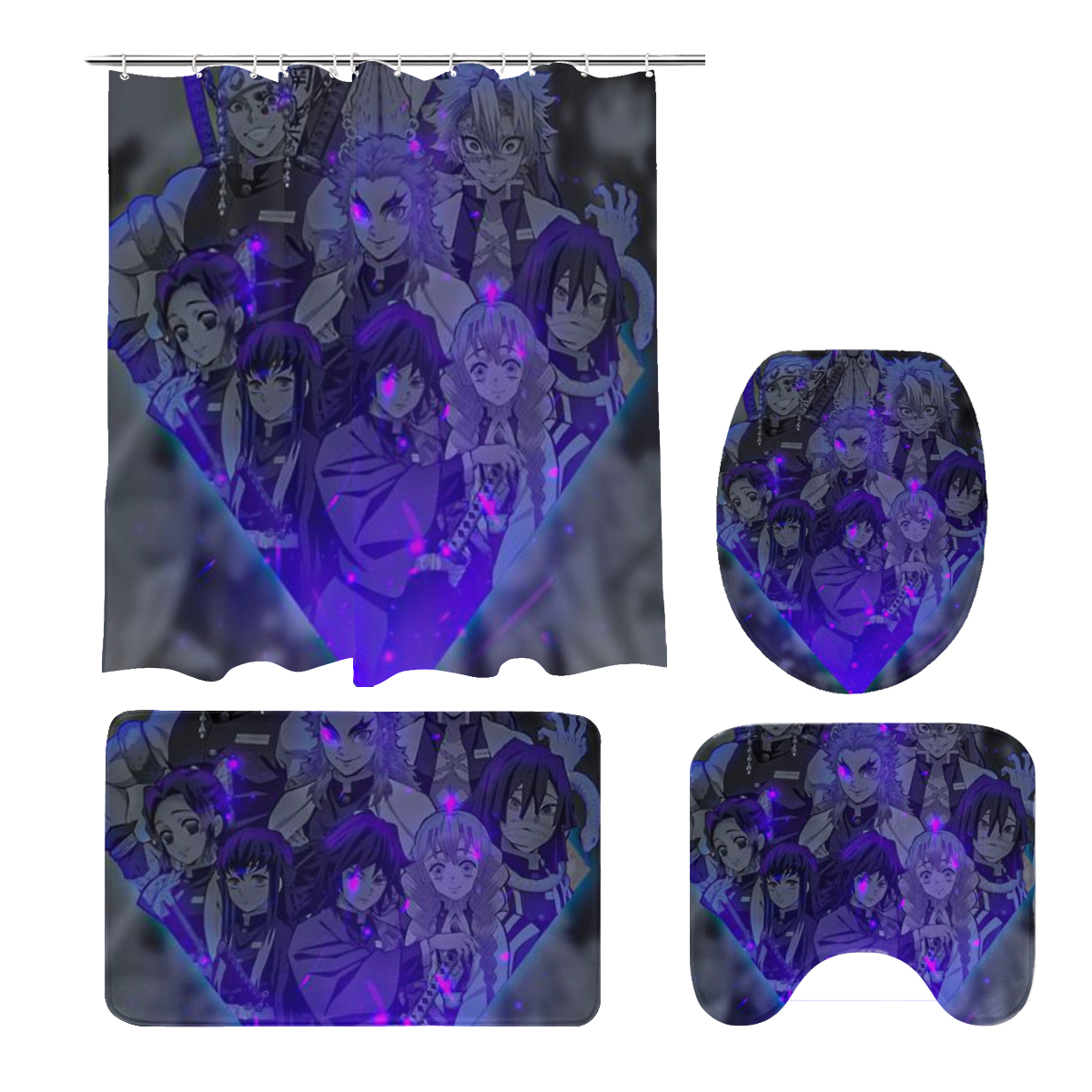 demon slayer 4-piece bathroom shower curtain set, bathroom set with rugs (bathroom mat, U-shaped ...