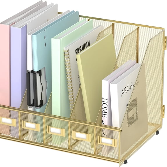 A desk and file rack with 5 vertical compartments, magazine and ...