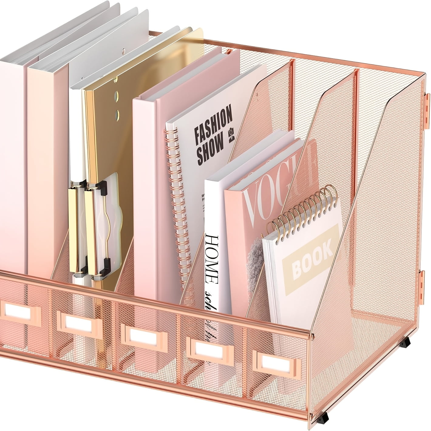 A desk and file rack with 5 vertical compartments, magazine and ...