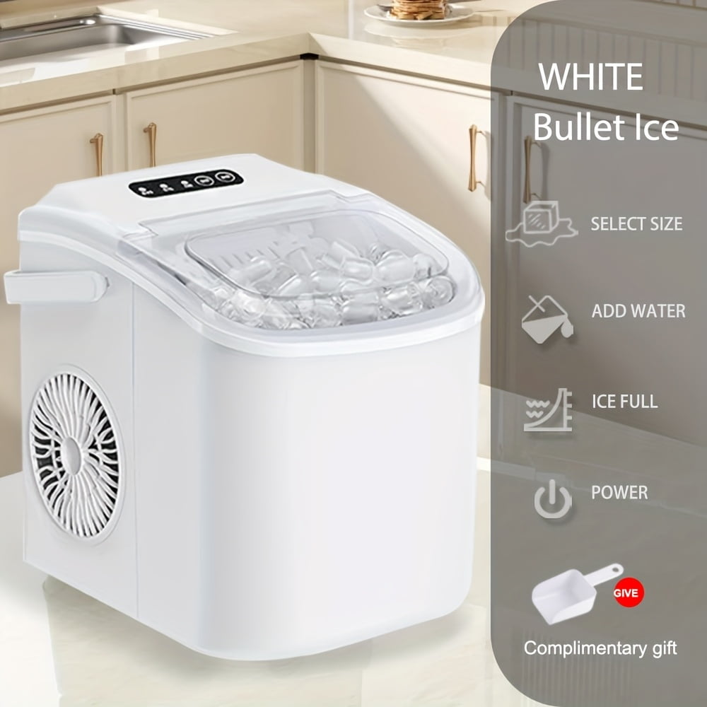 A desktop ice maker with a handle can produce 26 pounds of ice within ...