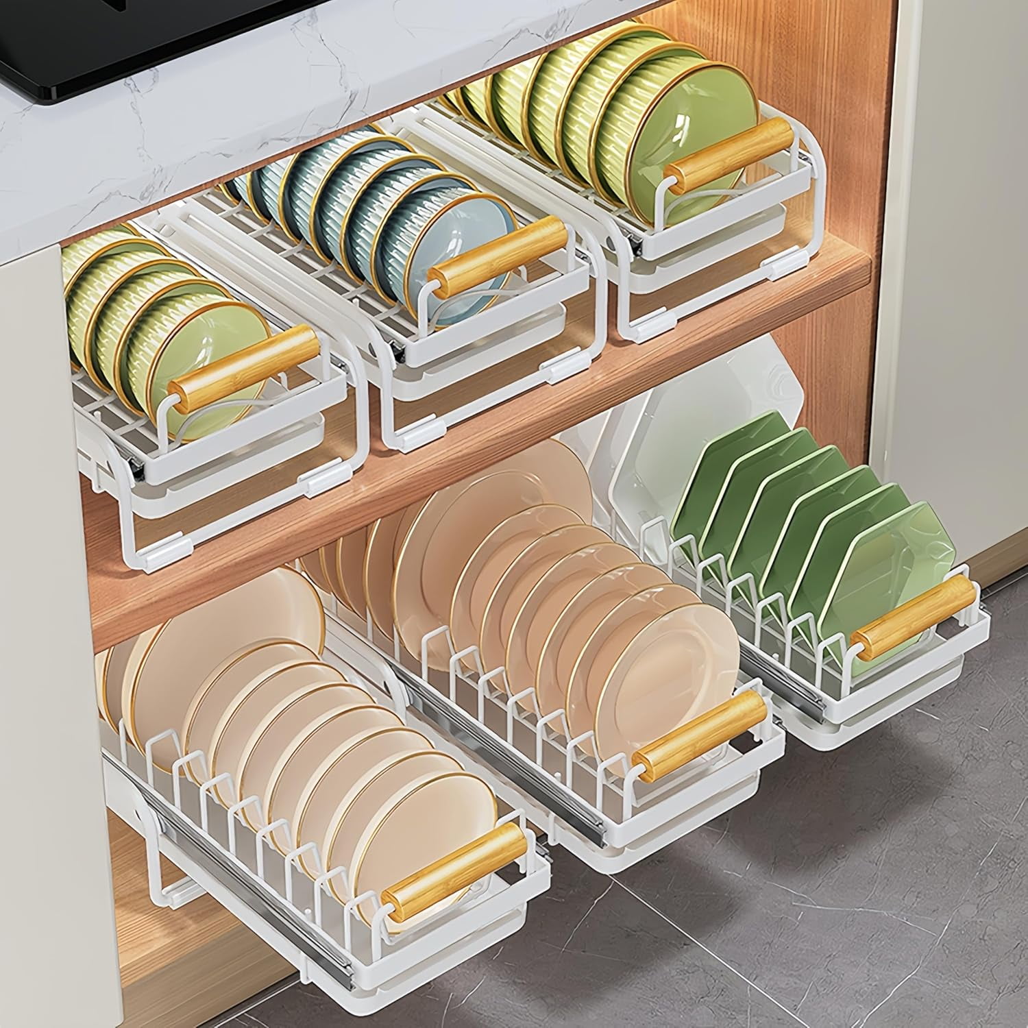 dfsfru Pull-Out Double/Single Tier Dish Rack for Cupboard Slide Out ...