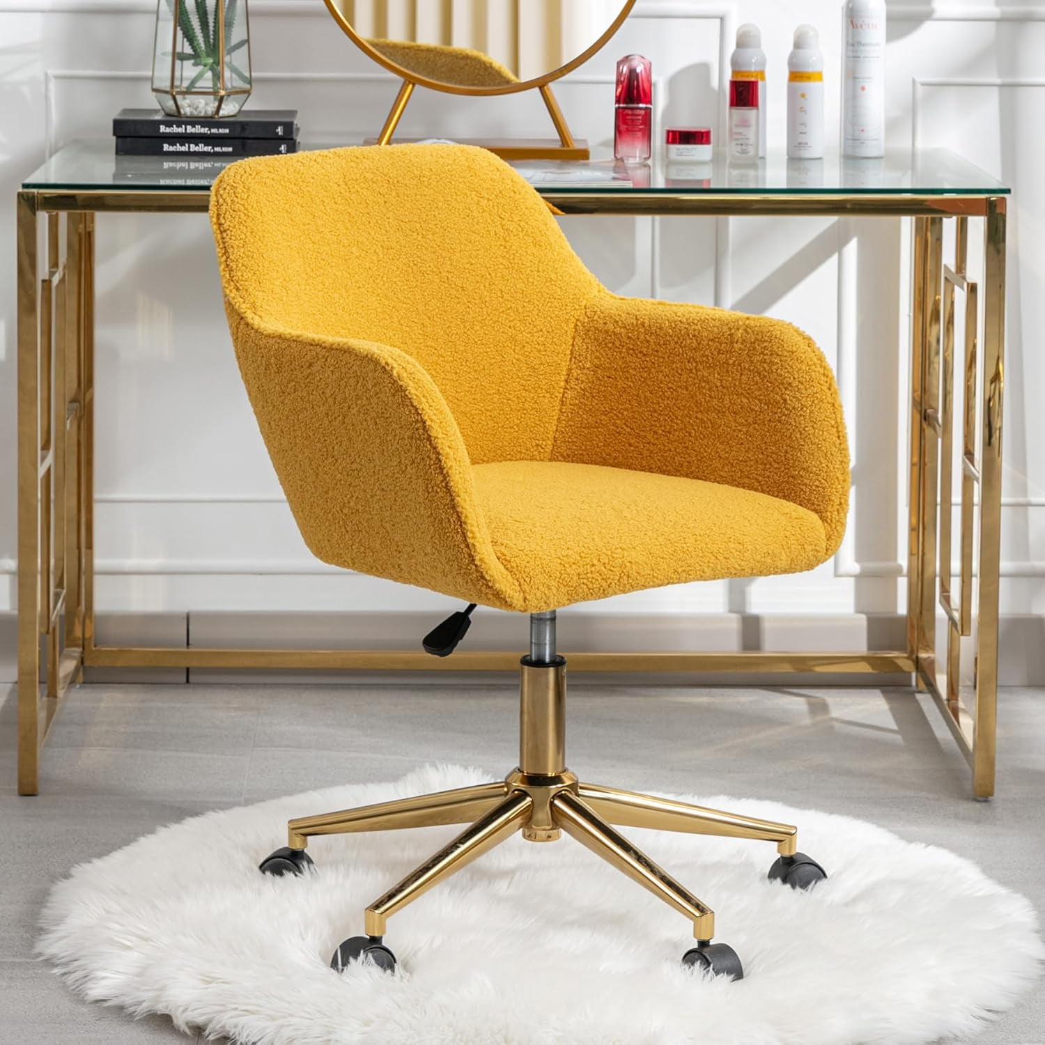dgydbguuh Fluffy Desk Chair Faux Fur White Vanity Chair Swivel Office ...