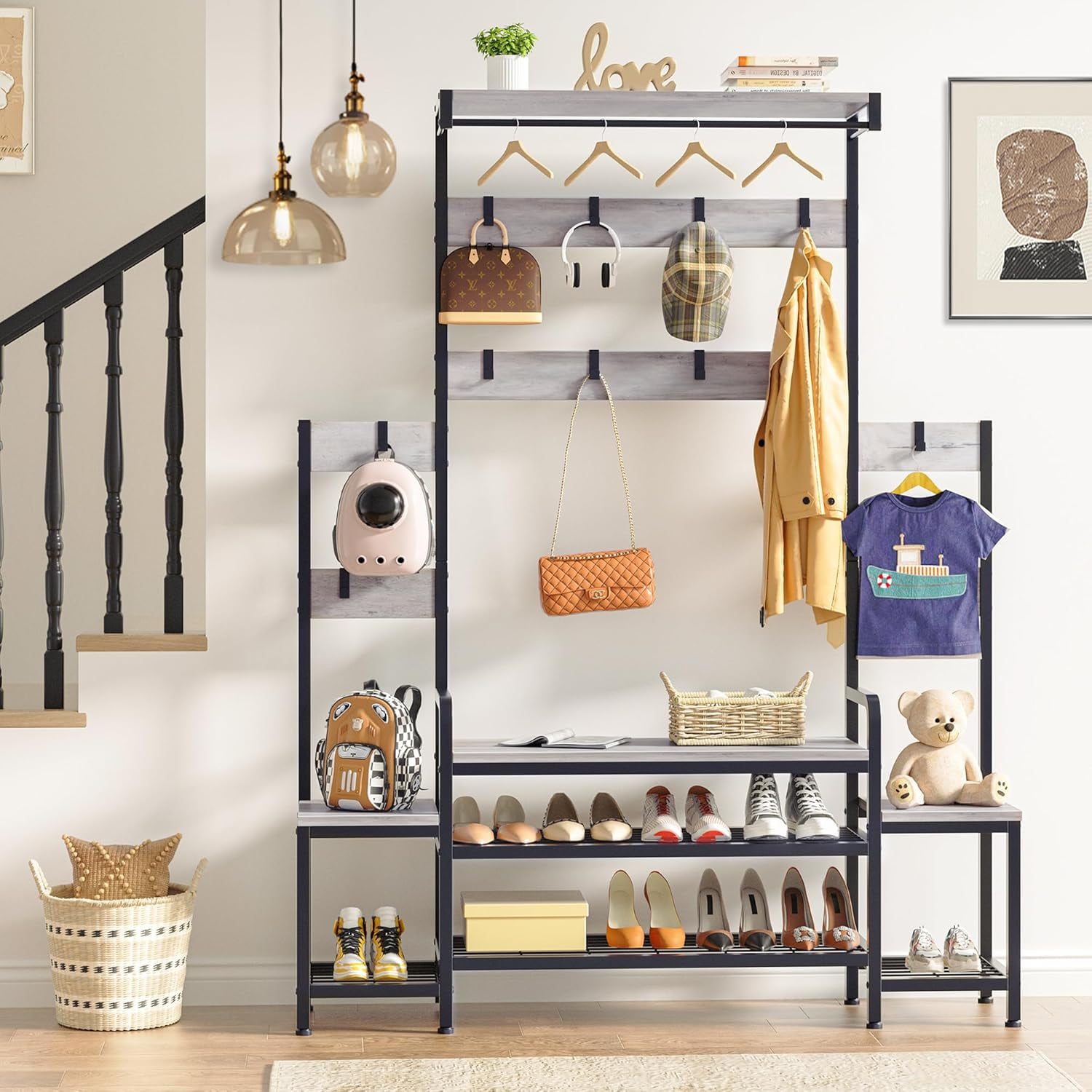 dgydbguuh Hall Tree Free Standing Coat Rack 5-in-1 Hall Tree with Bench ...