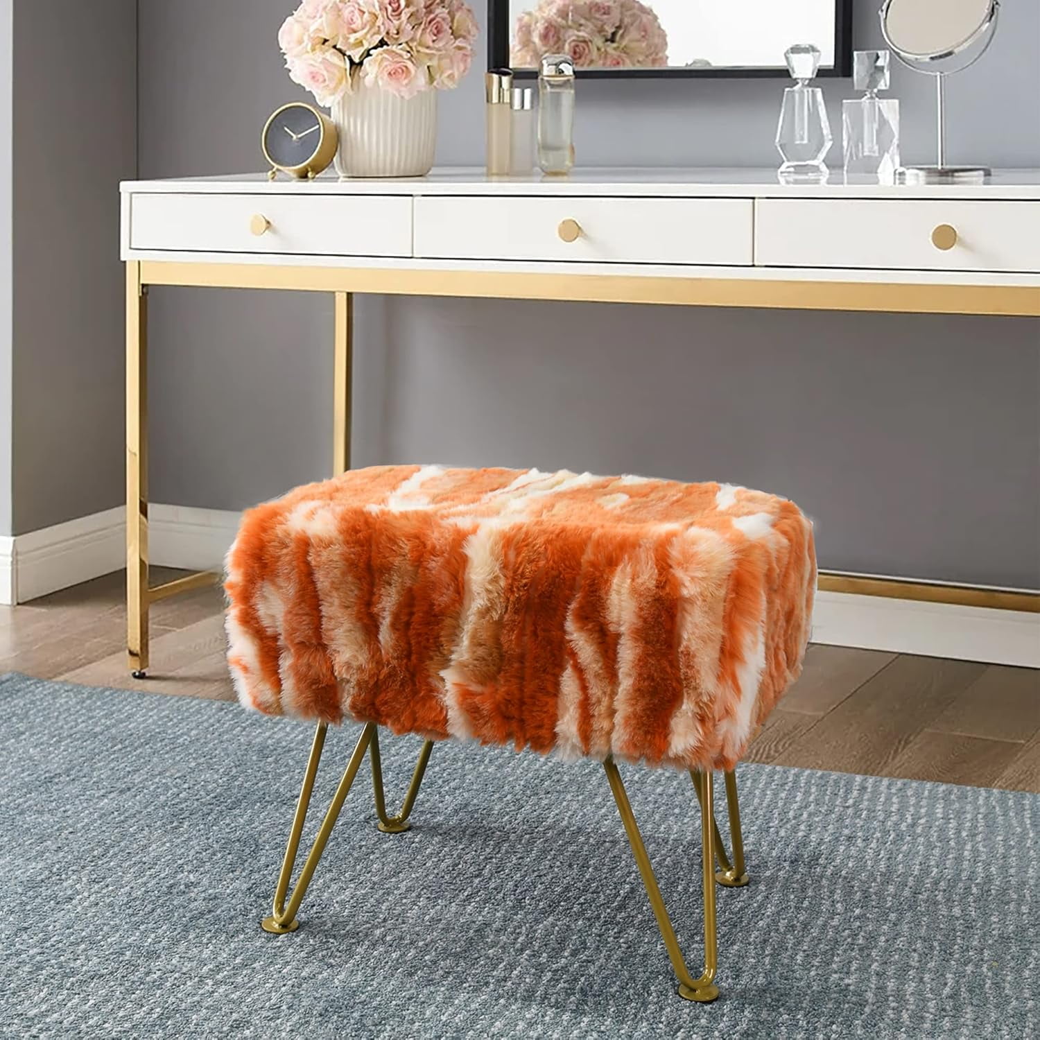 dgydbguuh Pink Soft Faux Fur Ottoman Fuzzy Entryway Bench Seat 19"x12.5 ...