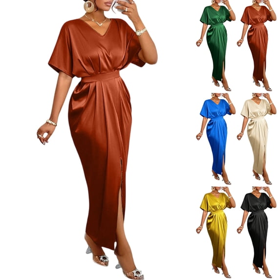 dgysar Elegant Satin Evening Dress, Deep V-Neck & Thigh High Slit ...