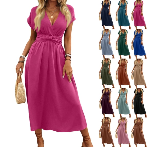 dgysar Elegant Smock Dress, V-Neck Batwing Sleeves & Flared Skirt ...