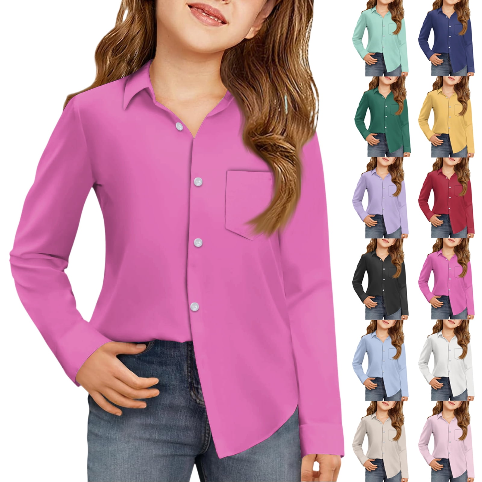 dgysar Girls' Button-Down Blouse, Solid Color Formal Shirt, Essential ...