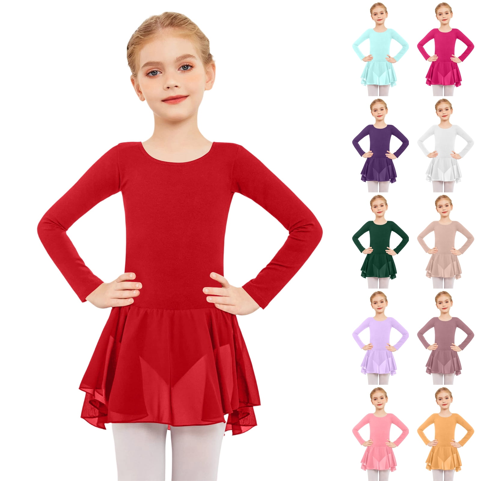dgysar Girls Leotard Dress, Long Sleeve Solid Color with Attached Skirt ...