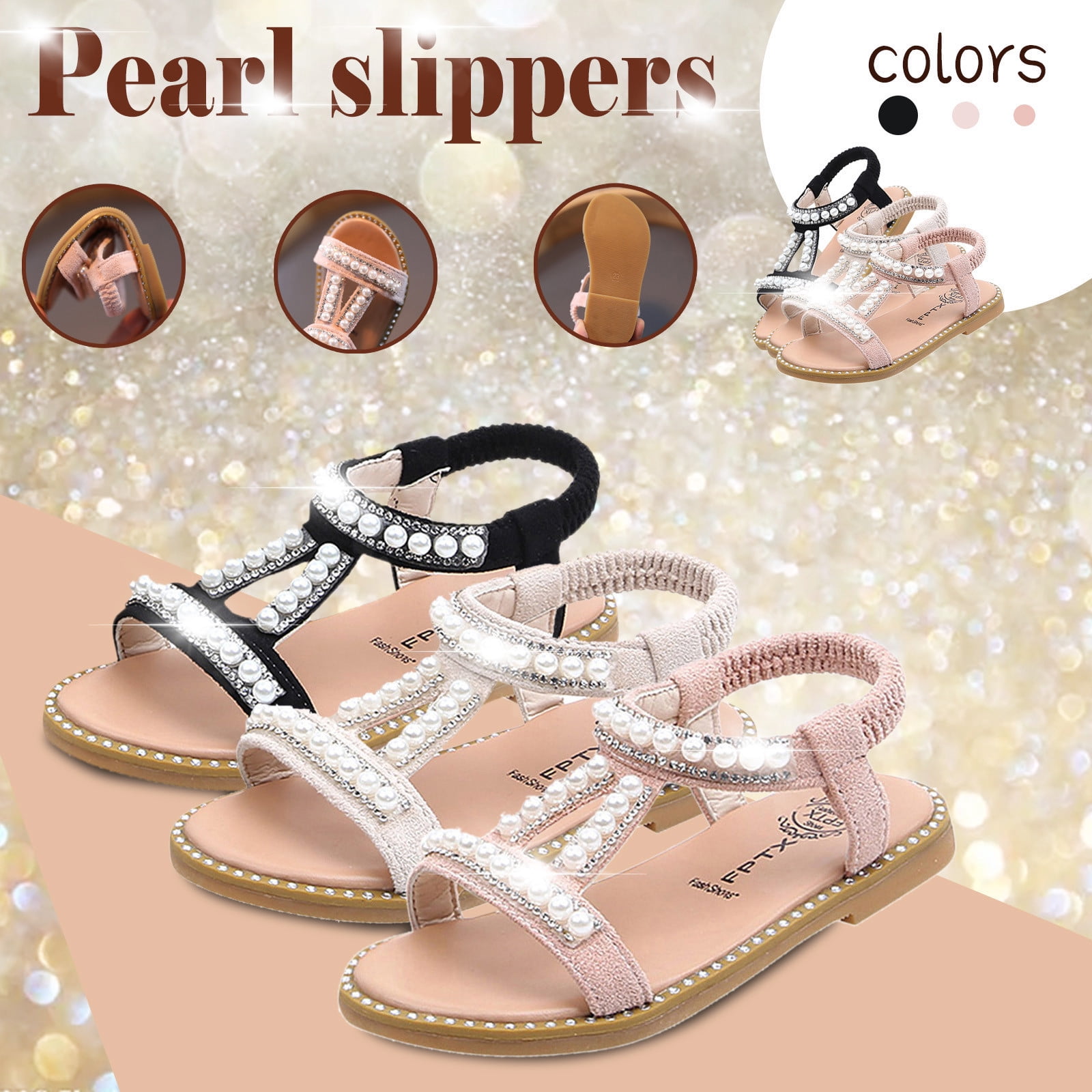 dgysar Girls Princess Roman Sandals Rhinestone Pearl Cute Flat Shoes ...